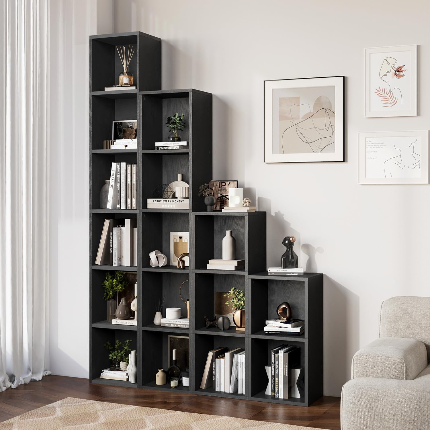 UPPYL Small Narrow Bookshelf Set of 2, 2-Tier Cube Display Rack, Modern ...