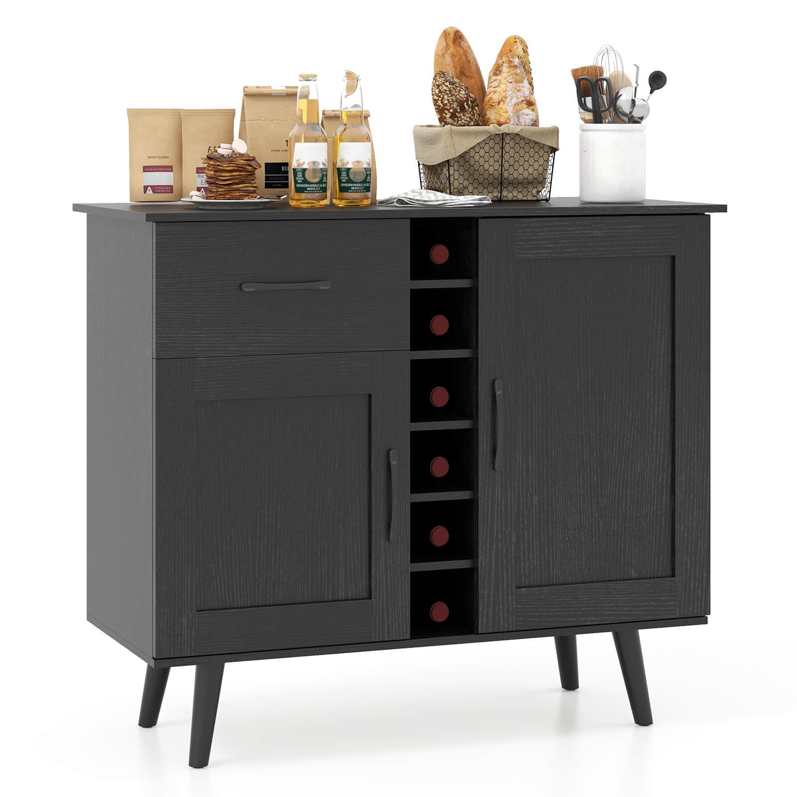 UPZE Bar Cabinet, Buffet Sideboard for 6 Wine Bottles, Wood Pantry ...