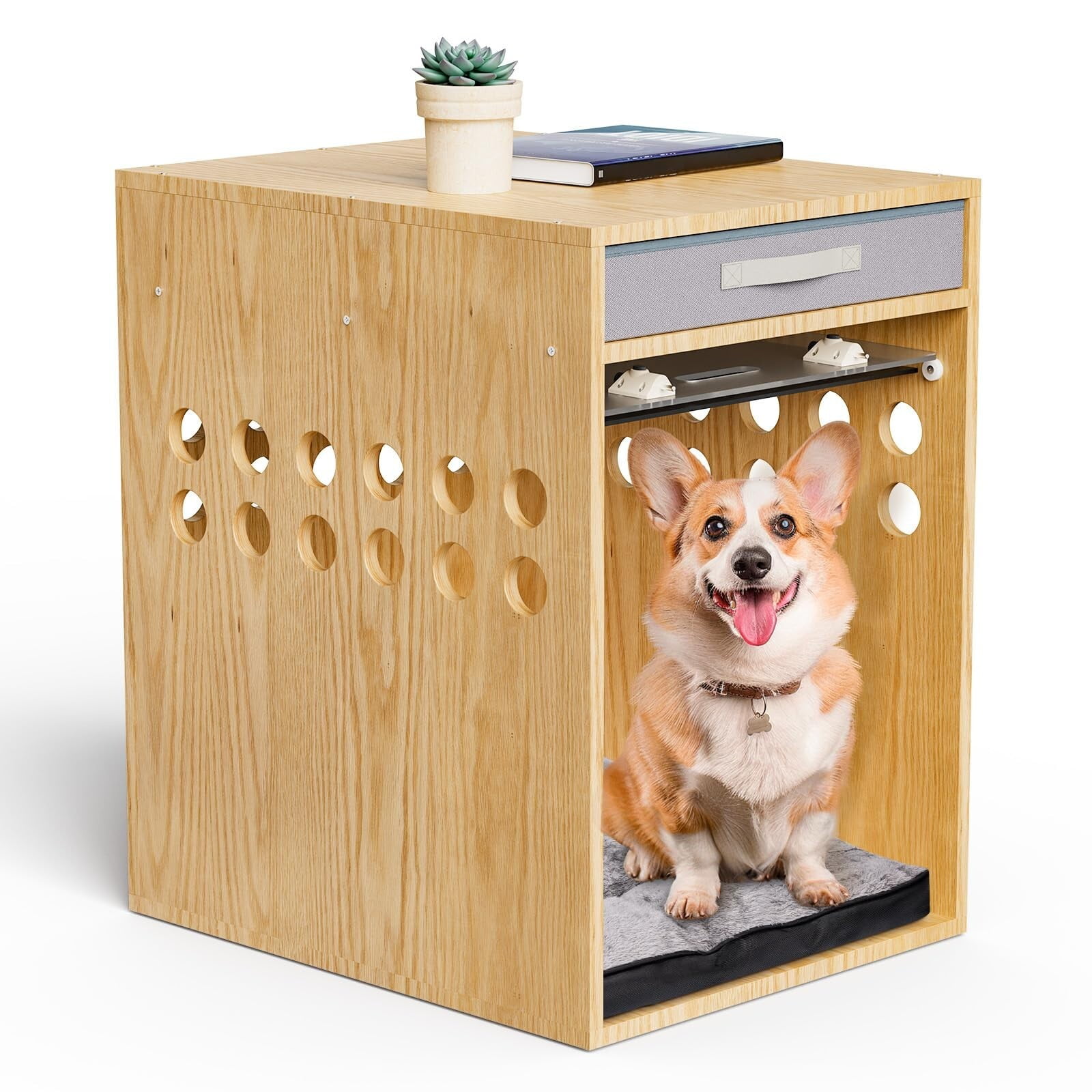 UPZE Dog Crate Furniture with Drawer, Dog Kennel with Cushion for Small ...