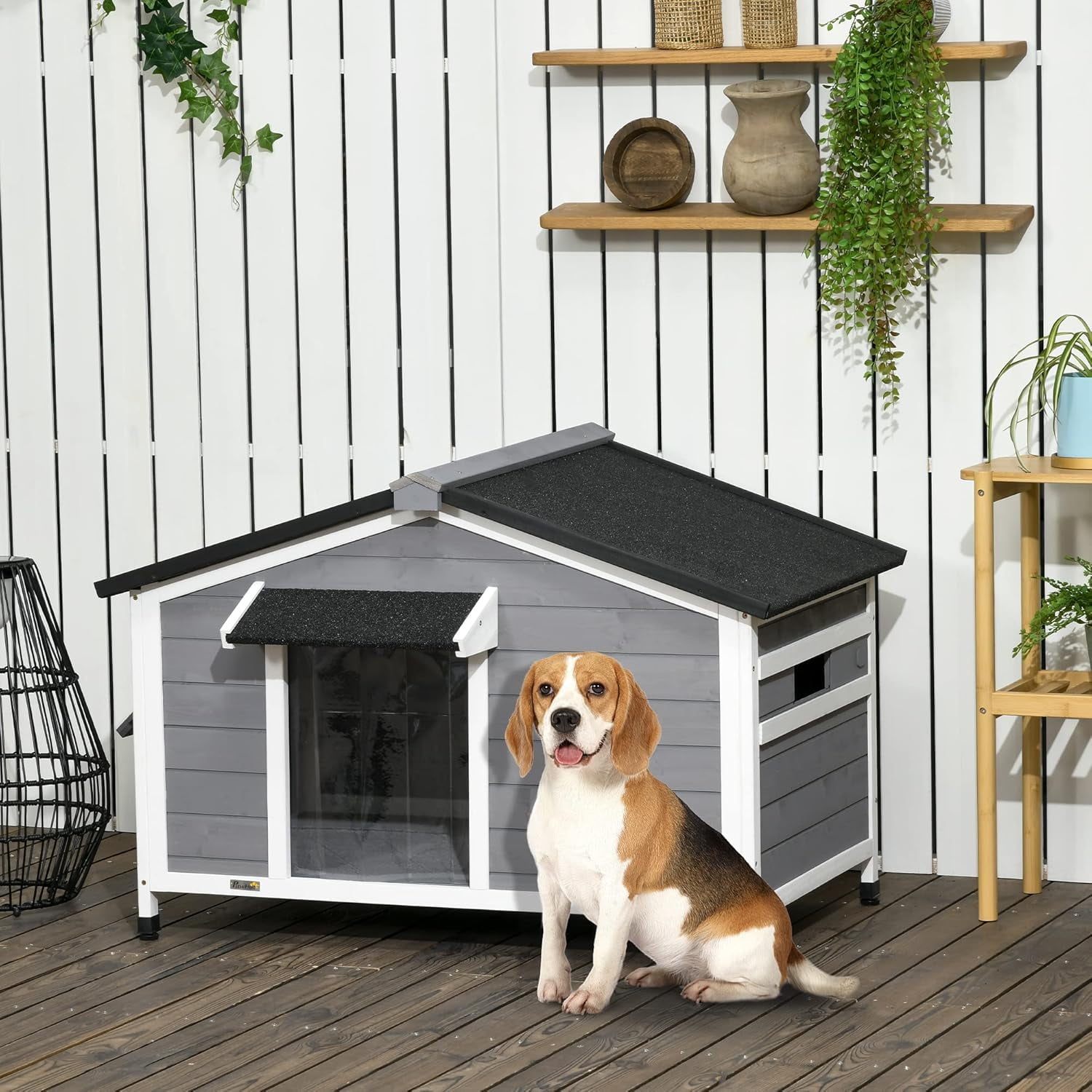 UPZE Dog House Outdoor, Wooden Cabin Style Raised Dog Kennel Shelter ...