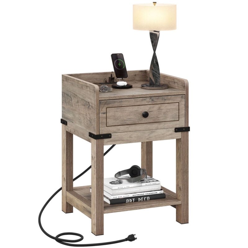 UPZE Farmhouse End Table with Charging Station, End Side Table with ...