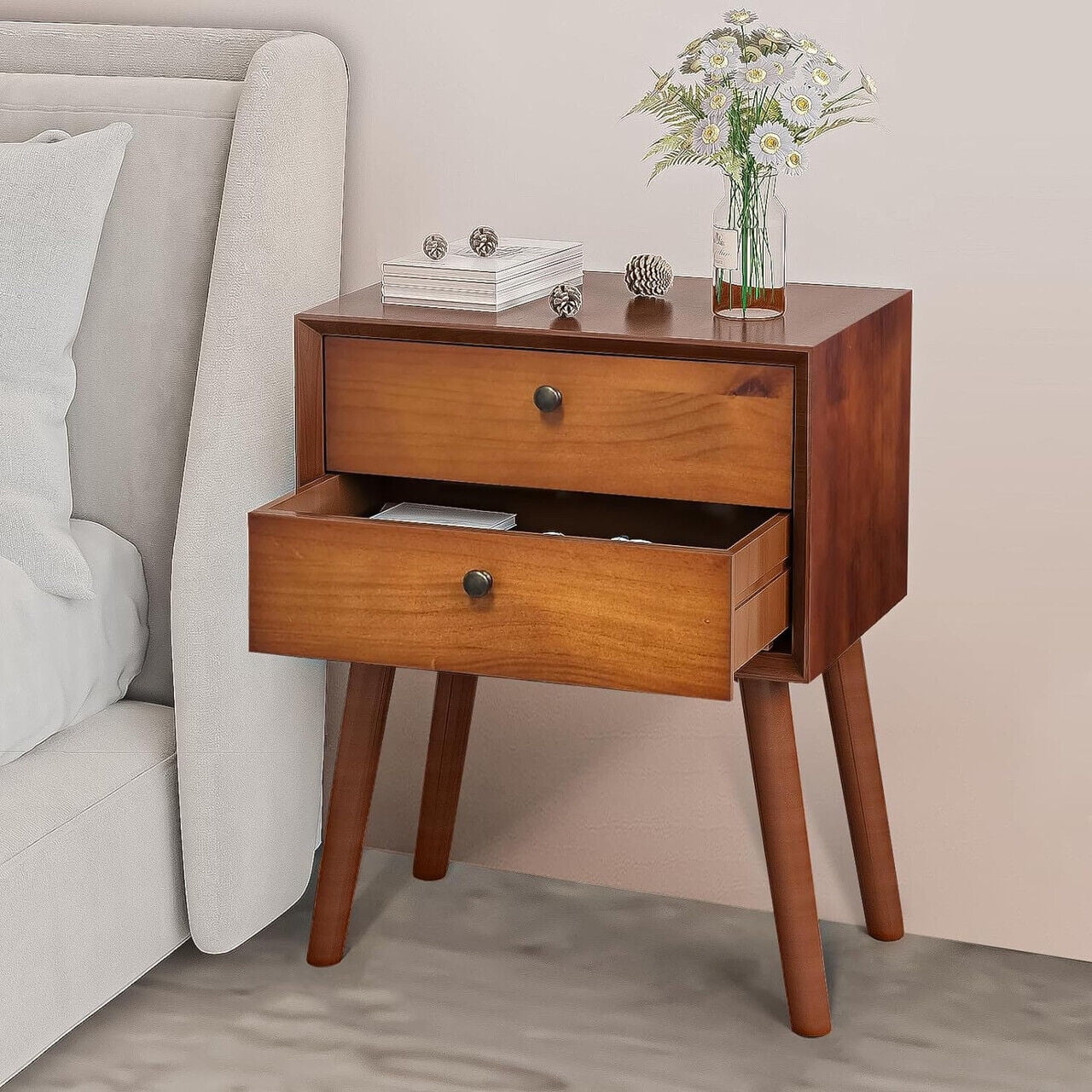 UPZE Night Stand, Mid-century Modern Solid Wood Nightstand with 2 ...