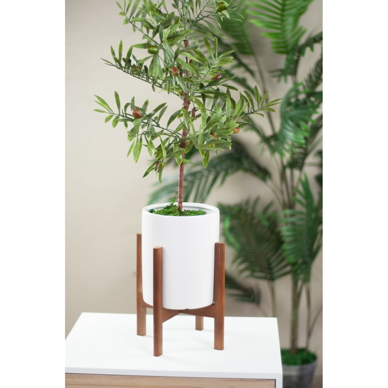 UPshining Mid-Century Desktop Planter 6" White with Wood Stand Walnut ...