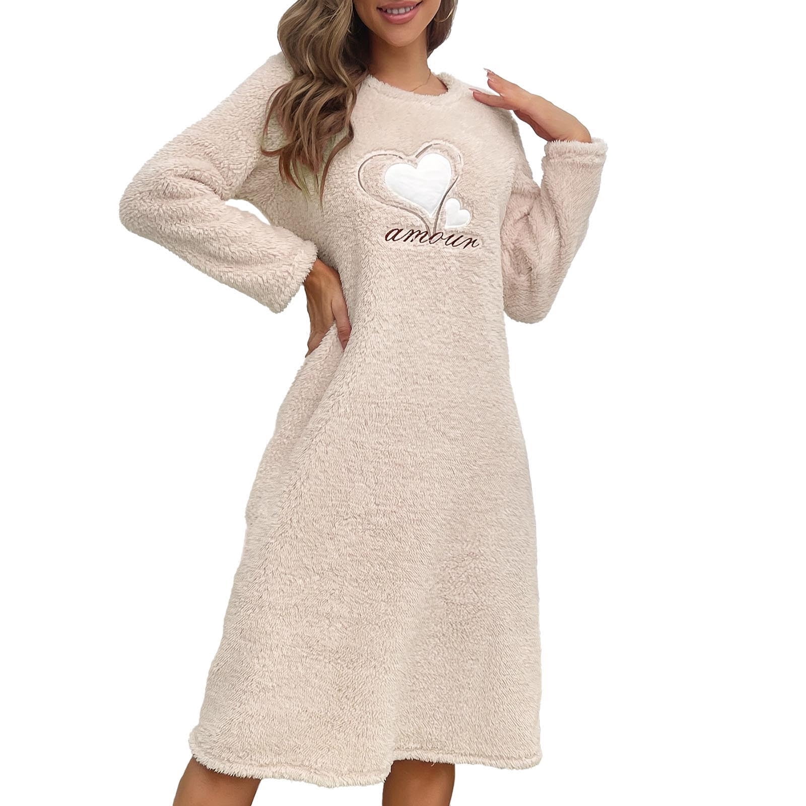 UQJfacai Flannel Nightgowns for Women Heart Rrint Fuzzy Fleece ...