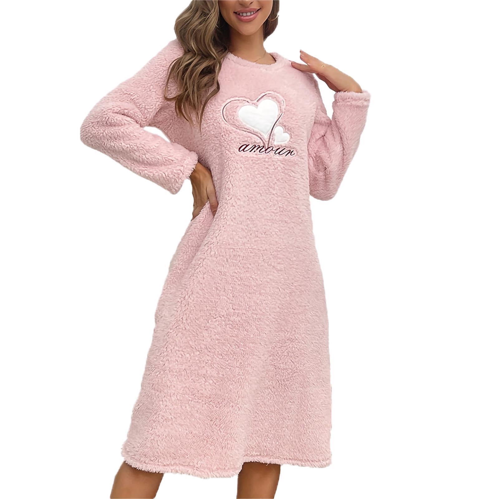 UQJfacai Flannel Nightgowns for Women Heart Rrint Fuzzy Fleece ...