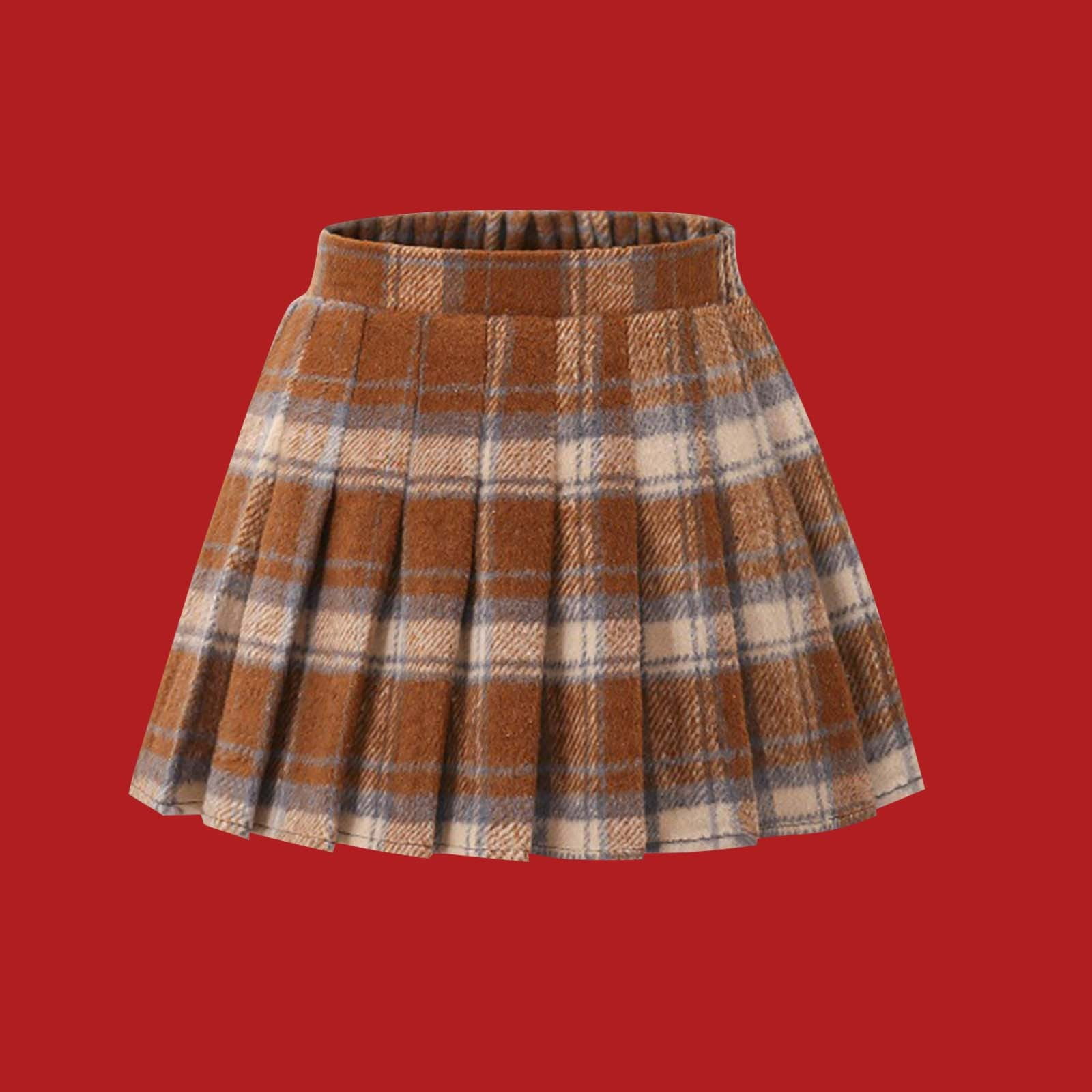 UQJfacai Girls Pleated Mini Skirt Faux Woolen Plaid Skirts A-Line Swing ...