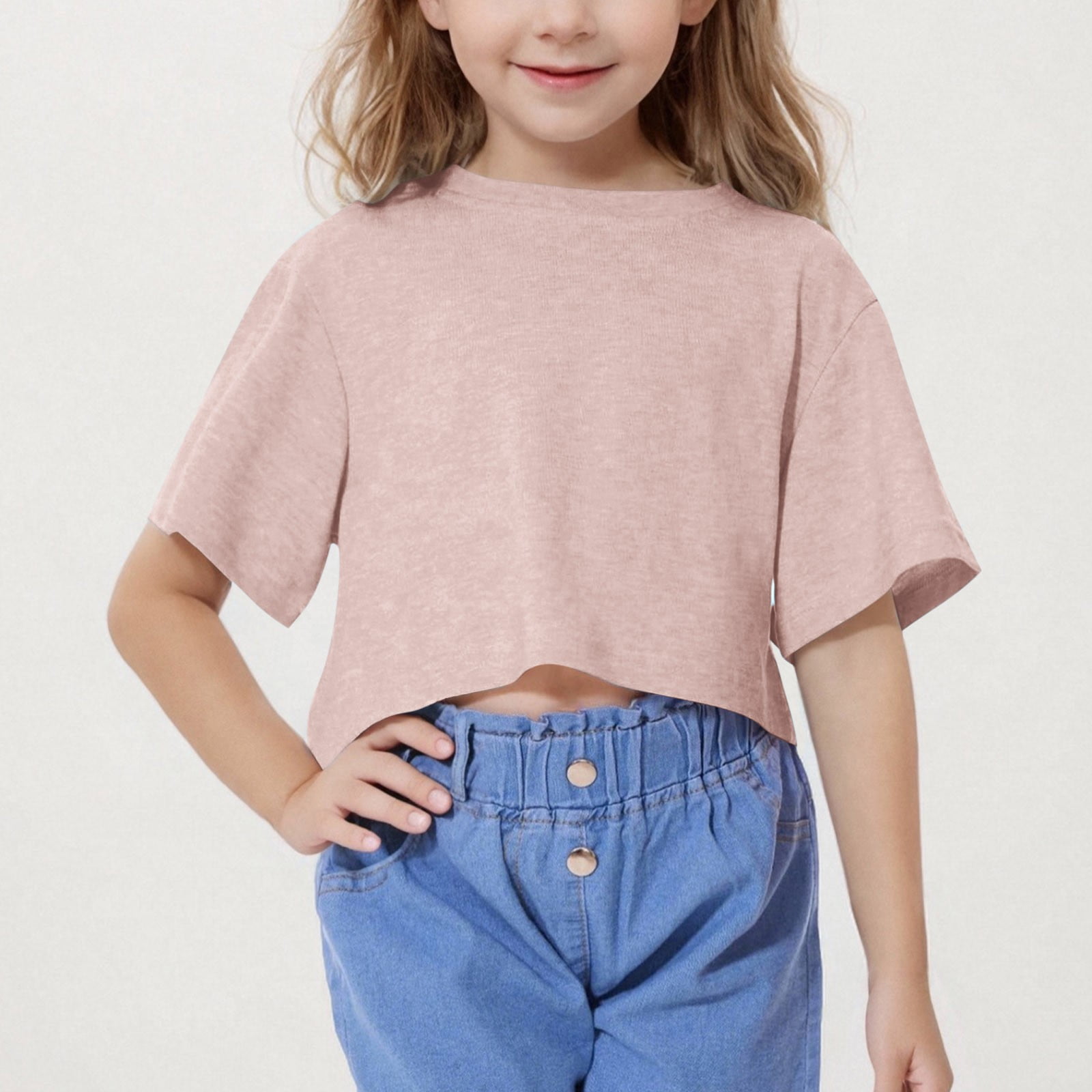 UQJfacai Girls Summer Crop Tops Kids Fashion Oversized Crewneck Cropped ...