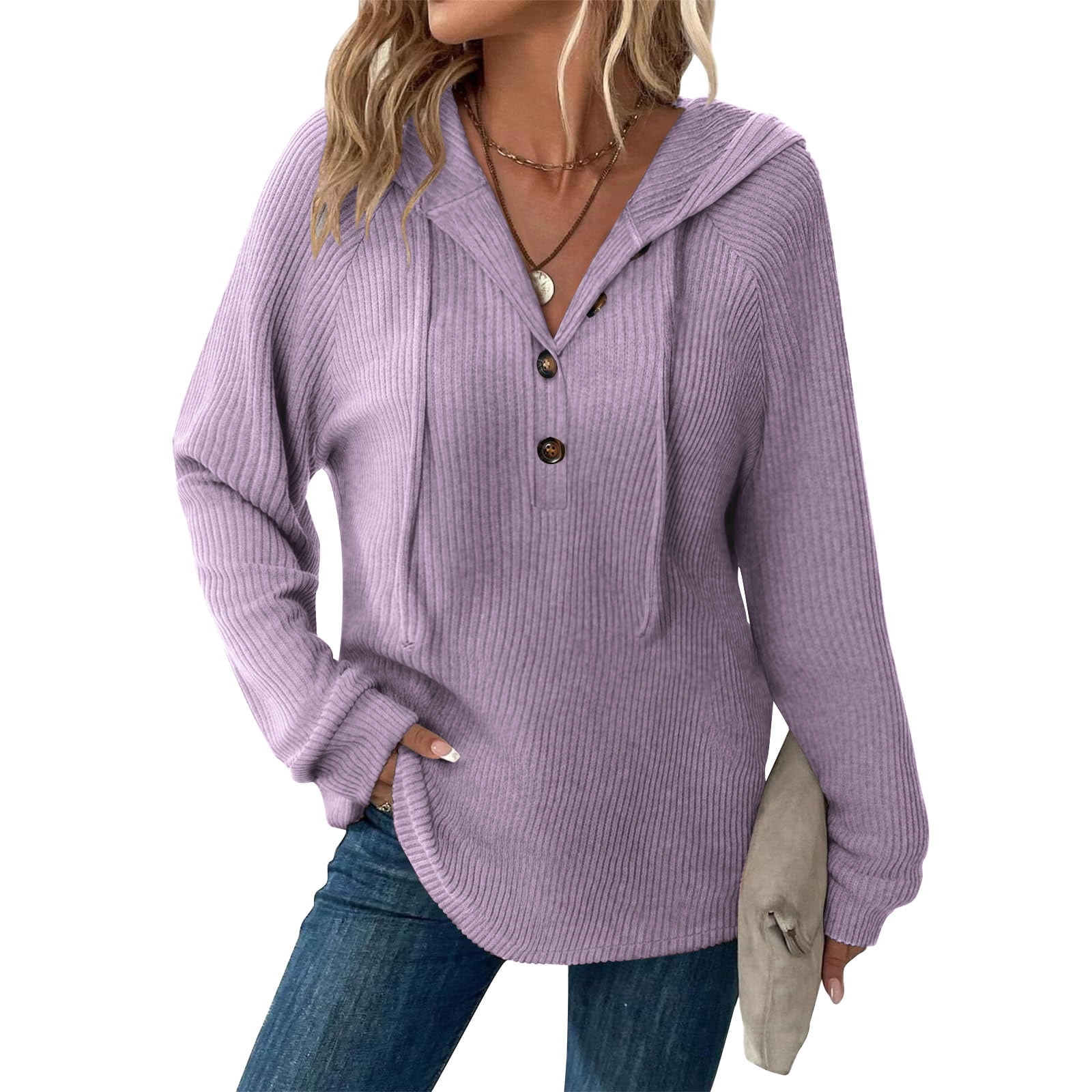 UQJfacai Hoodies for Women Ribbed Knit Long Sleeve Tops Fall Loose ...