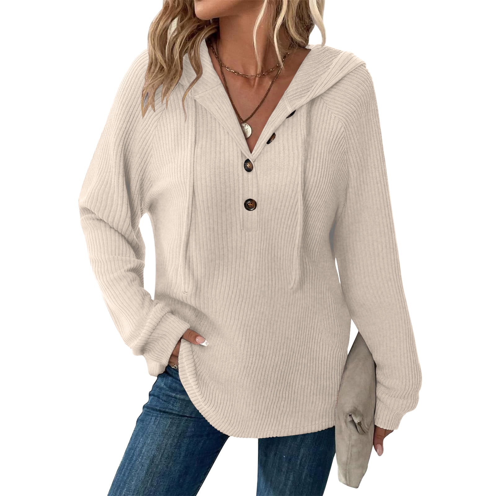 UQJfacai Hoodies for Women Ribbed Knit Long Sleeve Tops Fall Loose ...