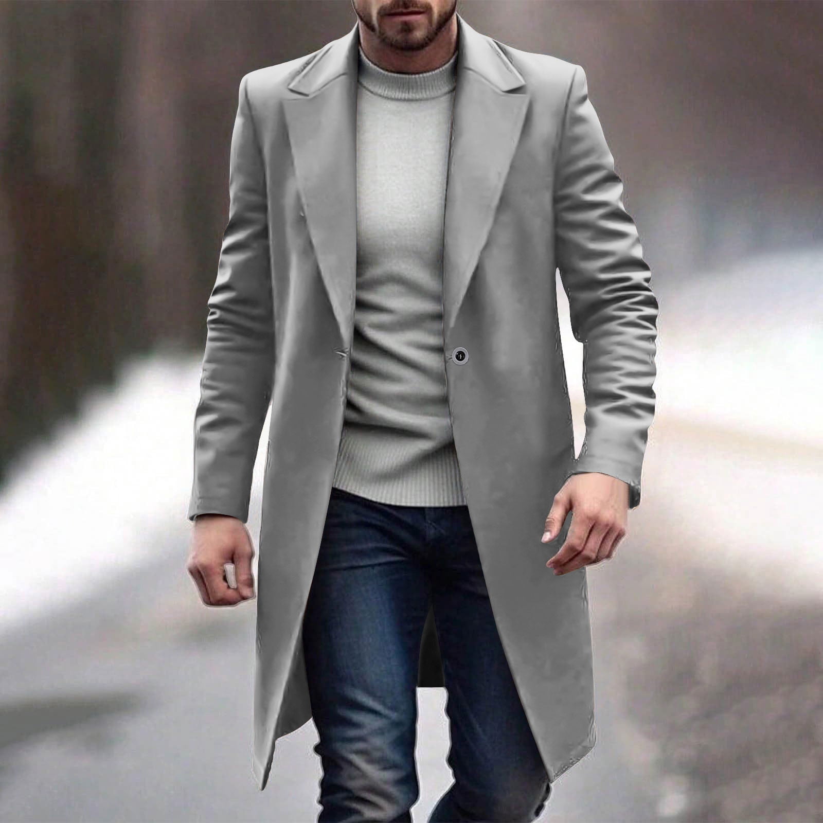UQJfacai Trench Coat Men Long Wool Blend Pea Coat Fall Winter Single ...