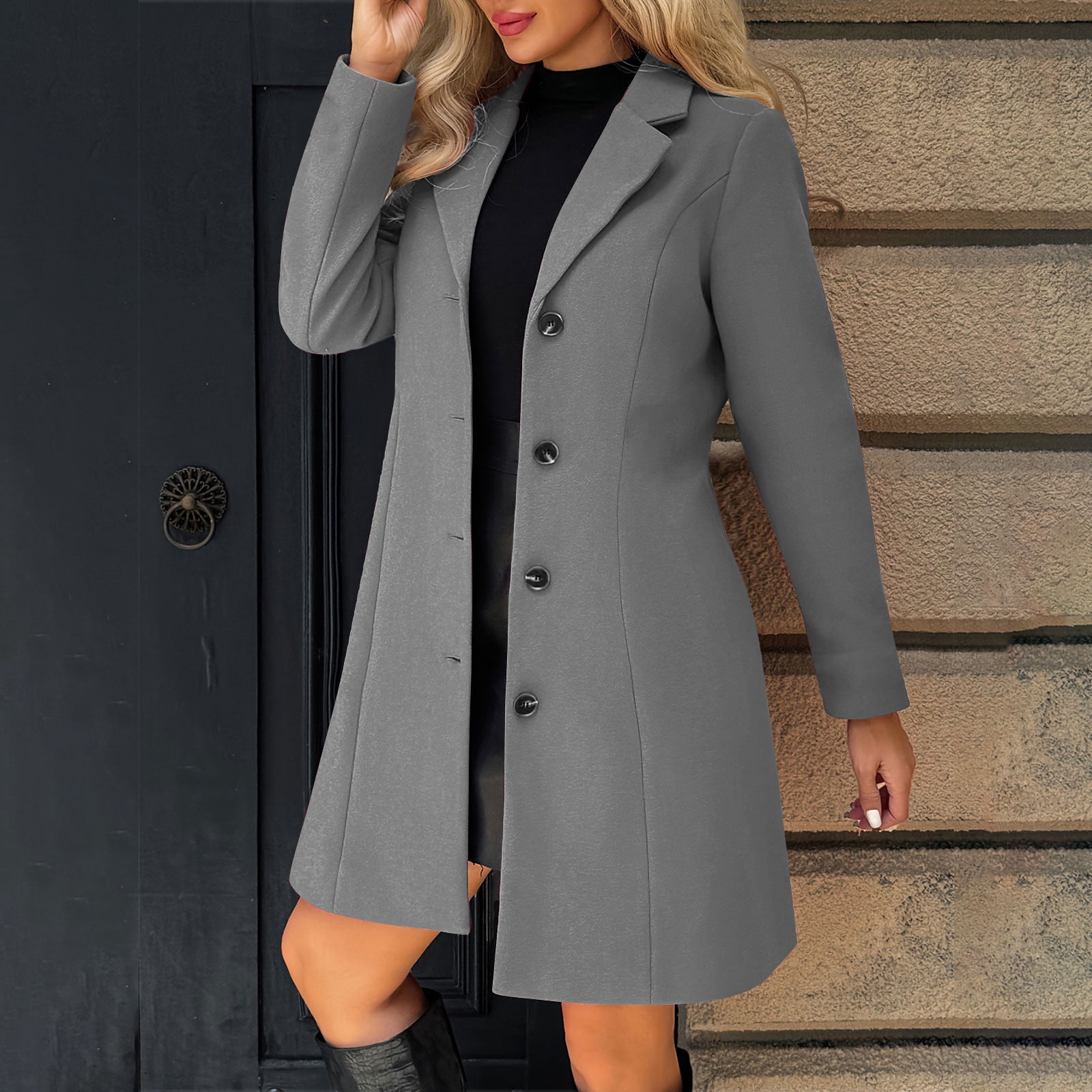 UQJfacai Womens Long Pea Coats Winter Wool Blend Single Breasted Notch ...