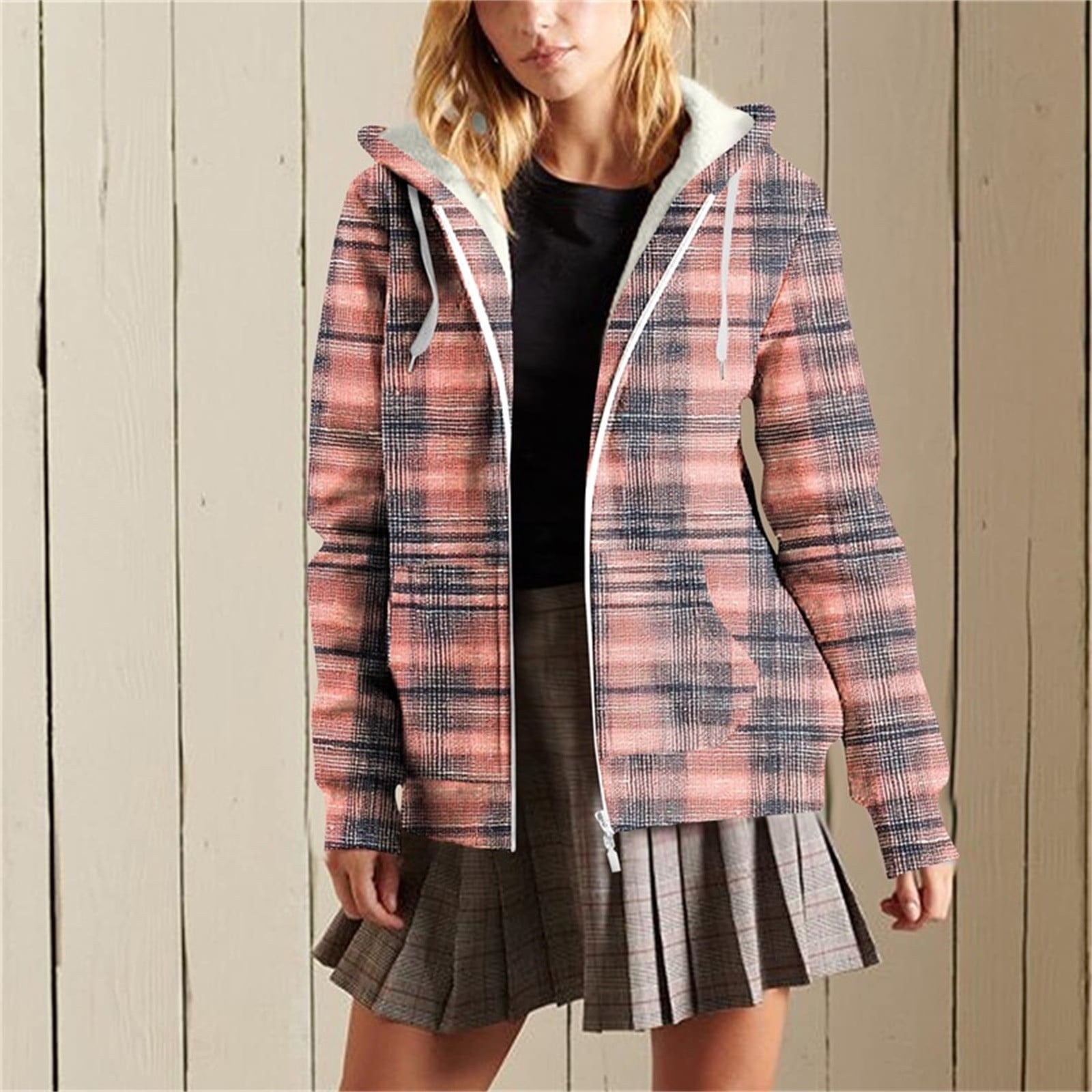 UQJfacai Womens Plaid Shacket Jacket Zip Up Hoodie Long Sleeve Sherpa ...