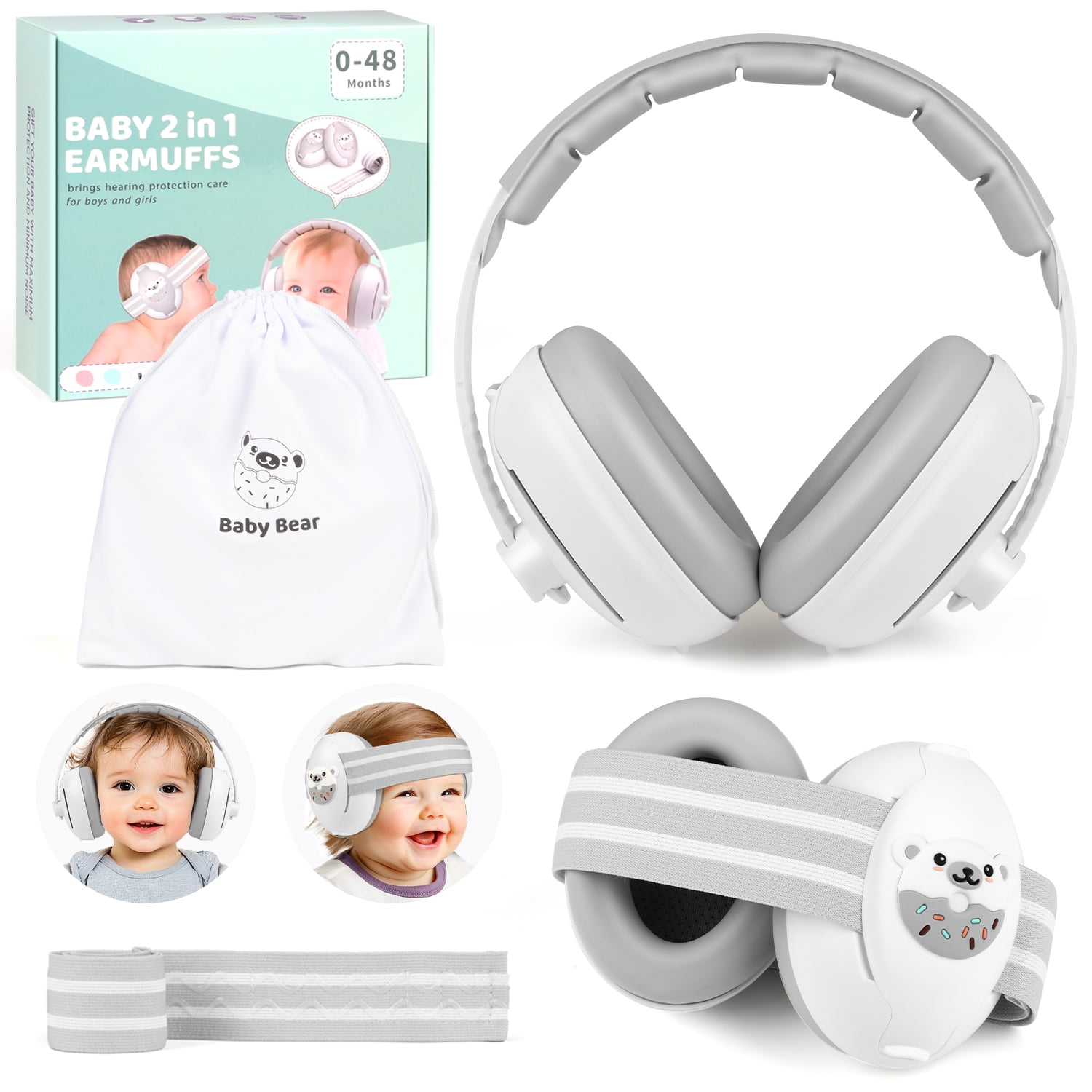 UQN 2-in-1 Baby Noise Canceling Ear Muffs, Adjustable Headband, 0-36 ...