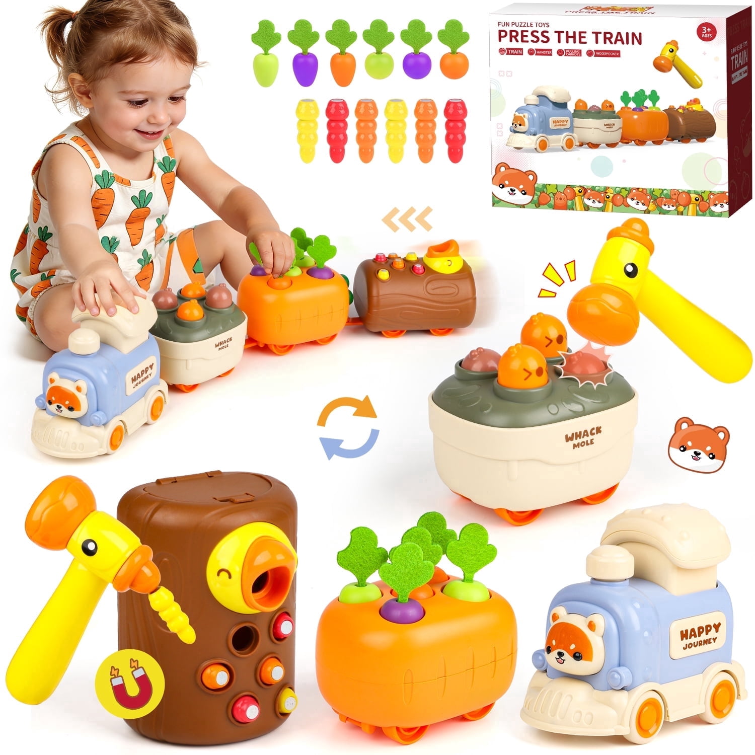 UQN Montessori Toys for Toddlers 1-3, 4-in-1 Press and Go Toy Cars ...