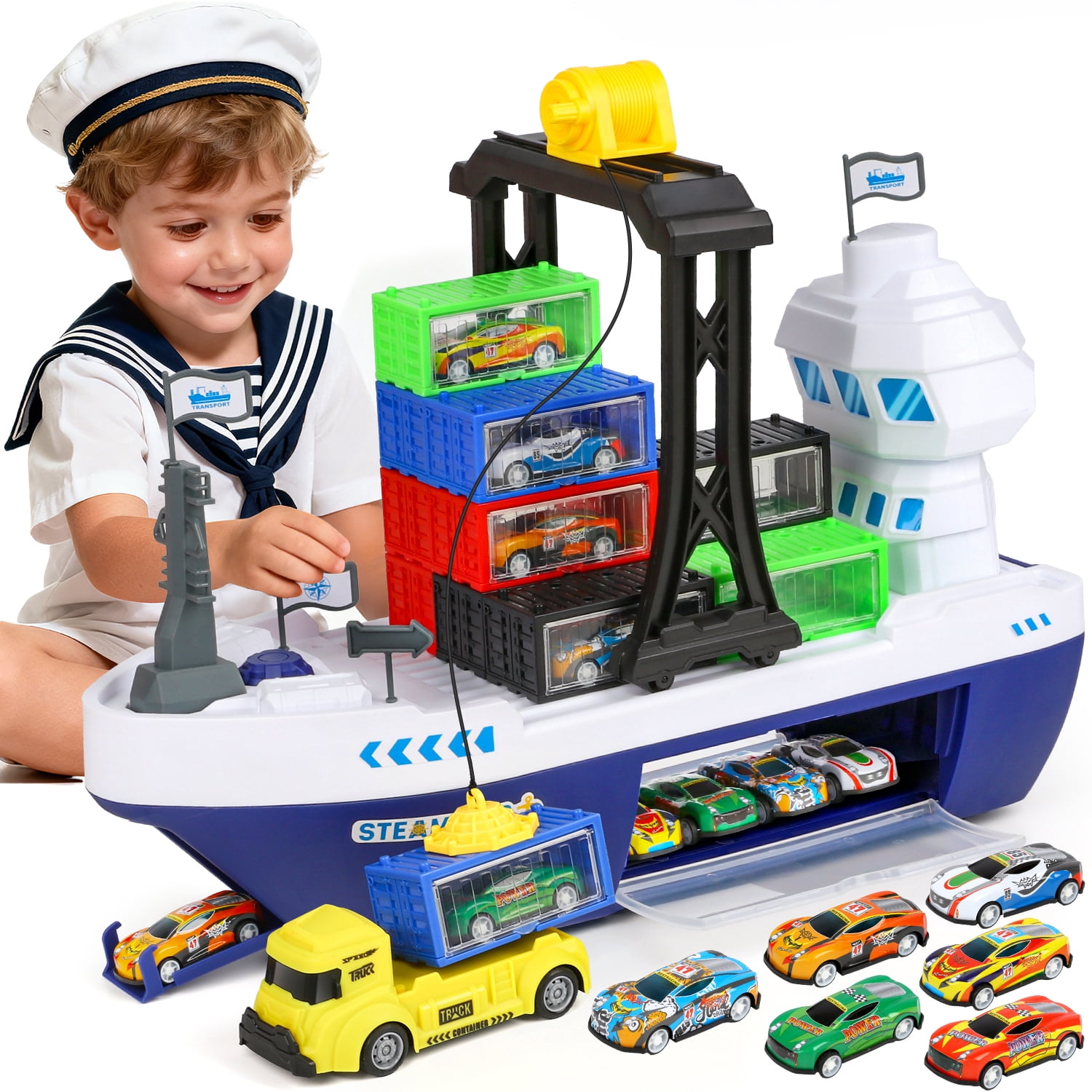 UQN Cargo Ship Toy & Gantry Crane for kids, Toy Boat and Crane Playset ...