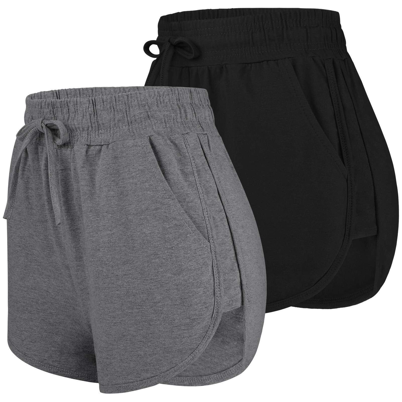 URATOT 2-Pack Women's Cotton Yoga Shorts, Running Gym Sports, Pockets, Elastic Waistband, Black ...