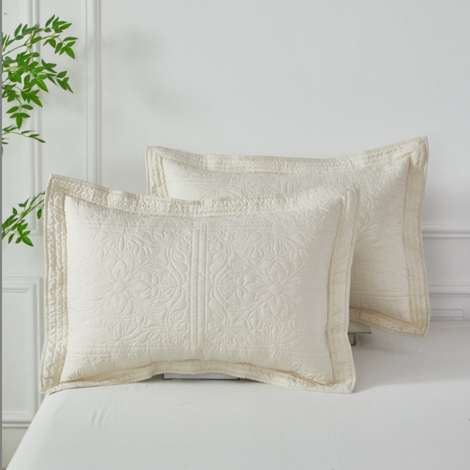 URBONUR 2 Piece Beige Embroidered Pillow Shams Queen Size Decorative ...