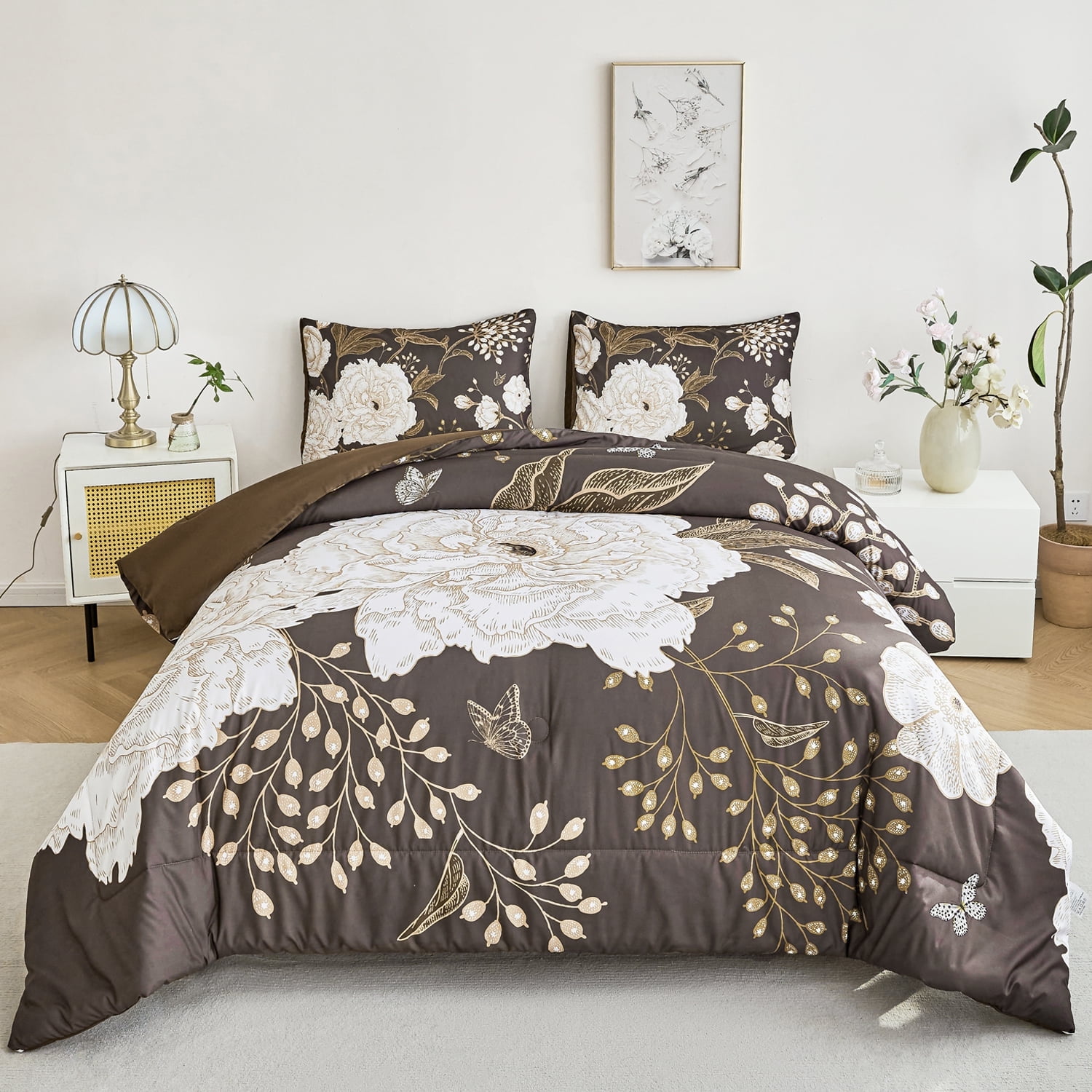 URBONUR 3 Pcs Brown King Size Comforter Set, Floral Botanical Bedding ...