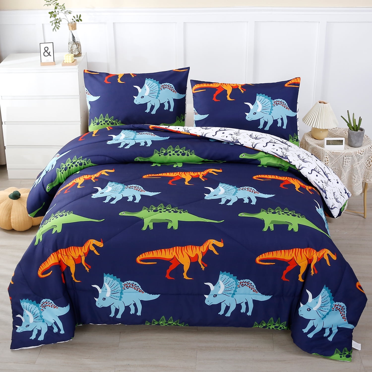 URBONUR 3 Pcs Dinosaur Twin Bedding Set for Boys, Blue Reversible ...