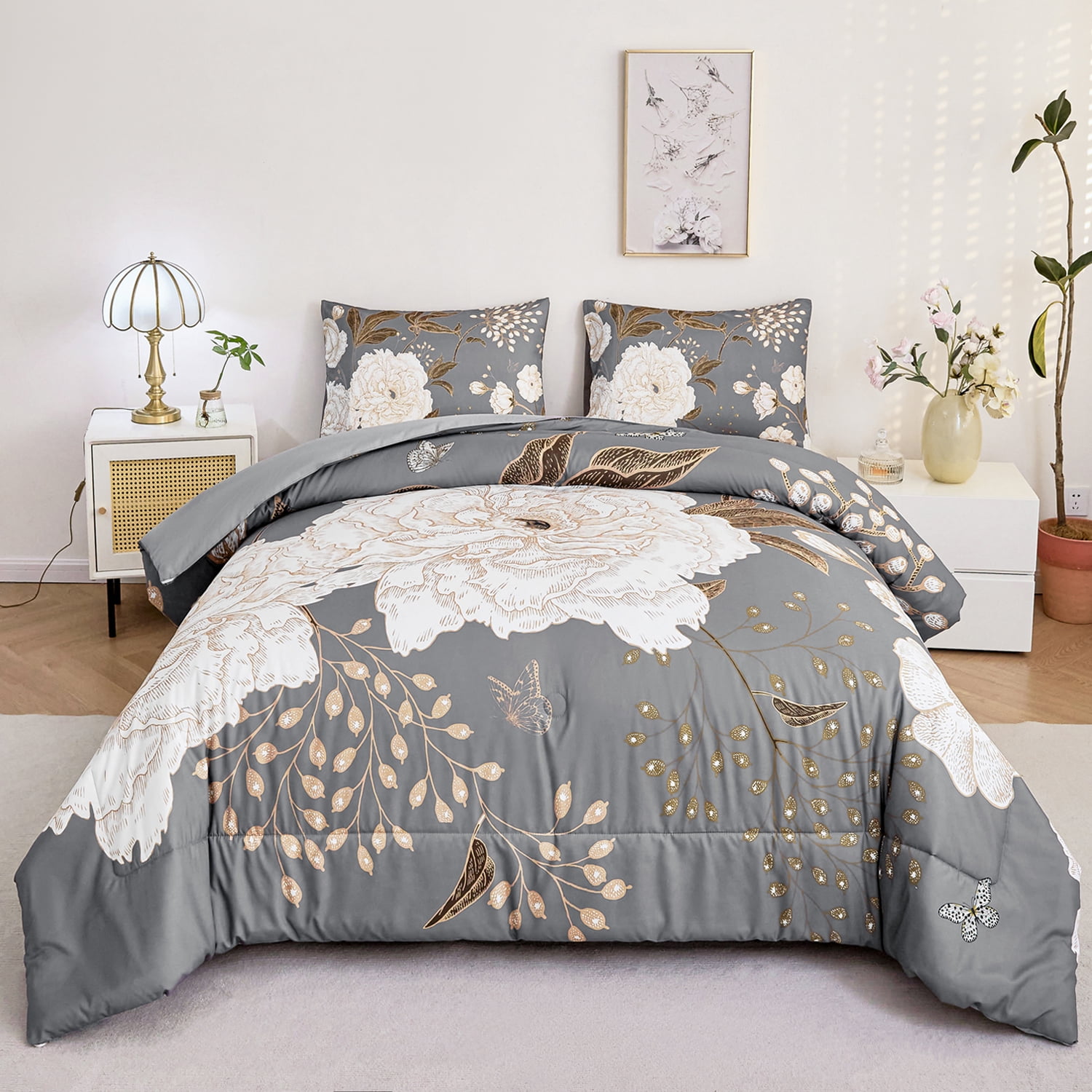 URBONUR 3 Pcs Gray California King Size Comforter Set Floral Botanical ...