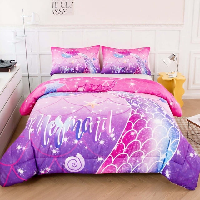 URBONUR 3 Pcs Mermaid Tail Twin Girls Comforter Set, Glitter Pink ...