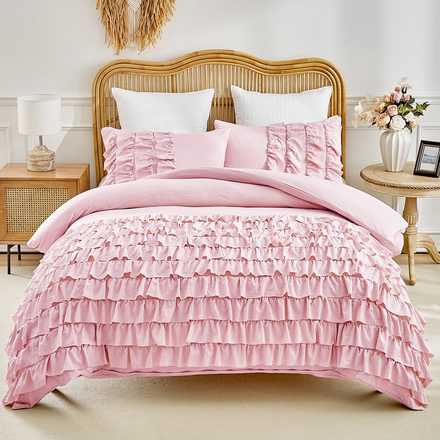 URBONUR 3 Pcs Pink Duvet Cover Twin Size Waterfall Flutter Ruffle Girls ...