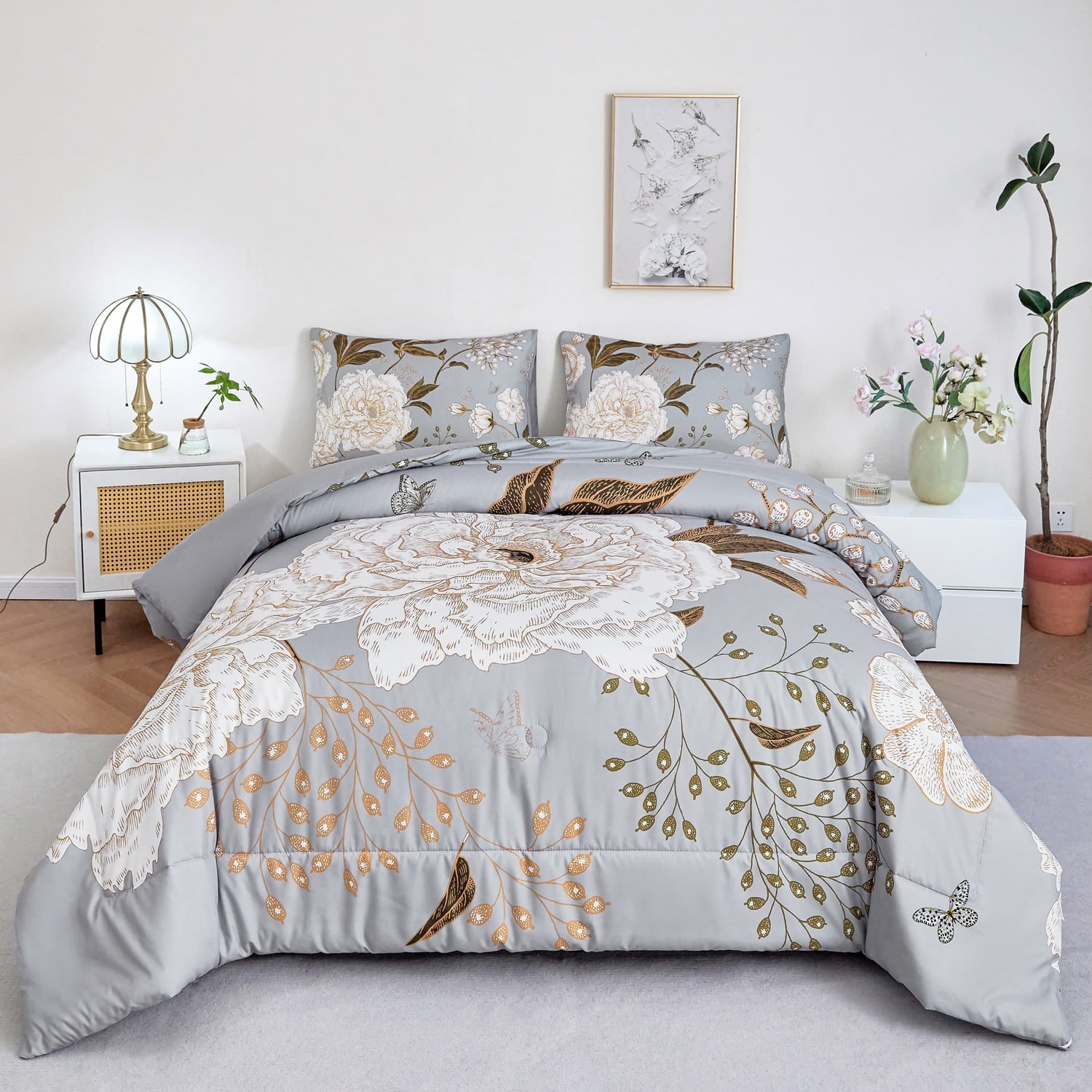 URBONUR 3 Pcs Print Bedding Floral Botanical Comforter Set Queen White ...