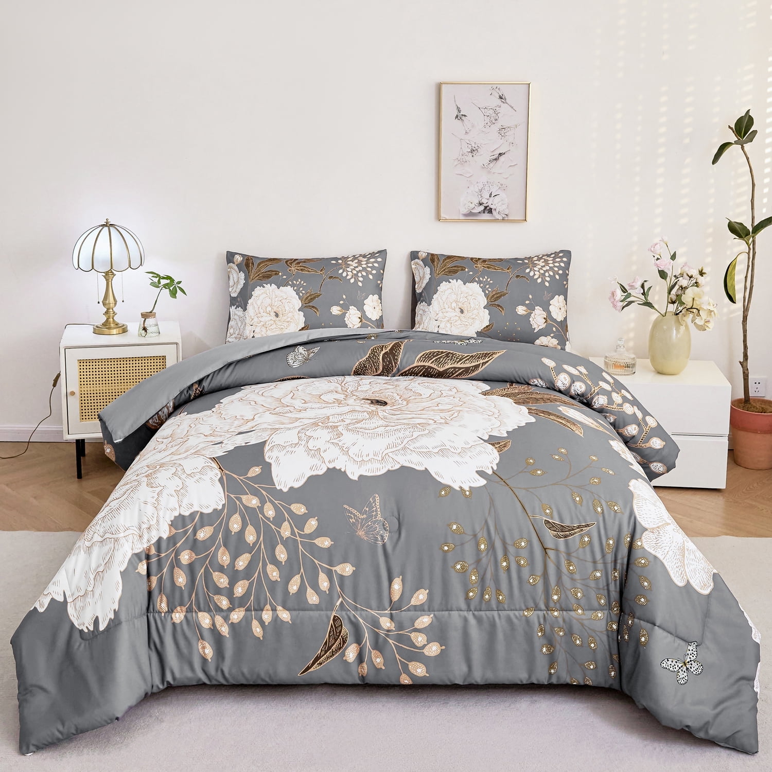 URBONUR 3 Pieces Queen Size Comforter Set, Dark Grey Botanical Bedding ...