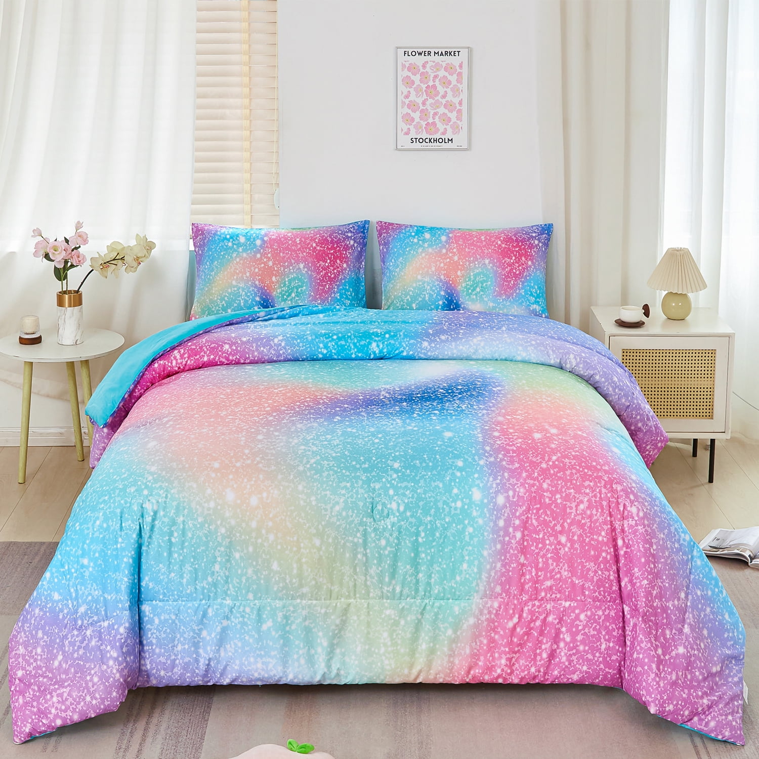 URBONUR 3Pcs Pink Teal Twin Comforter Set for Girls Colorful Rainbow ...