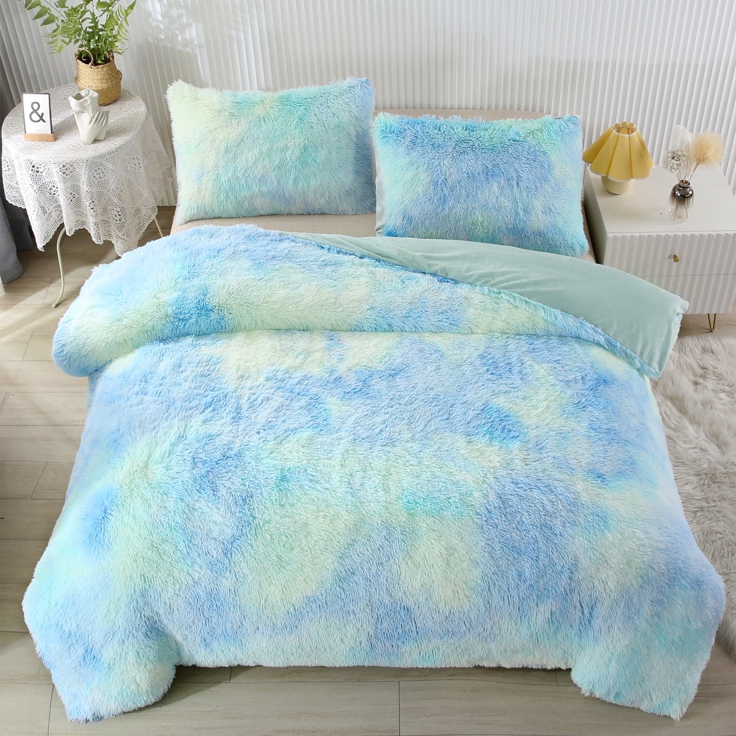 URBONUR 3Pcs Green Full Comforter Set for Girls Faux Fur Shaggy Kids ...