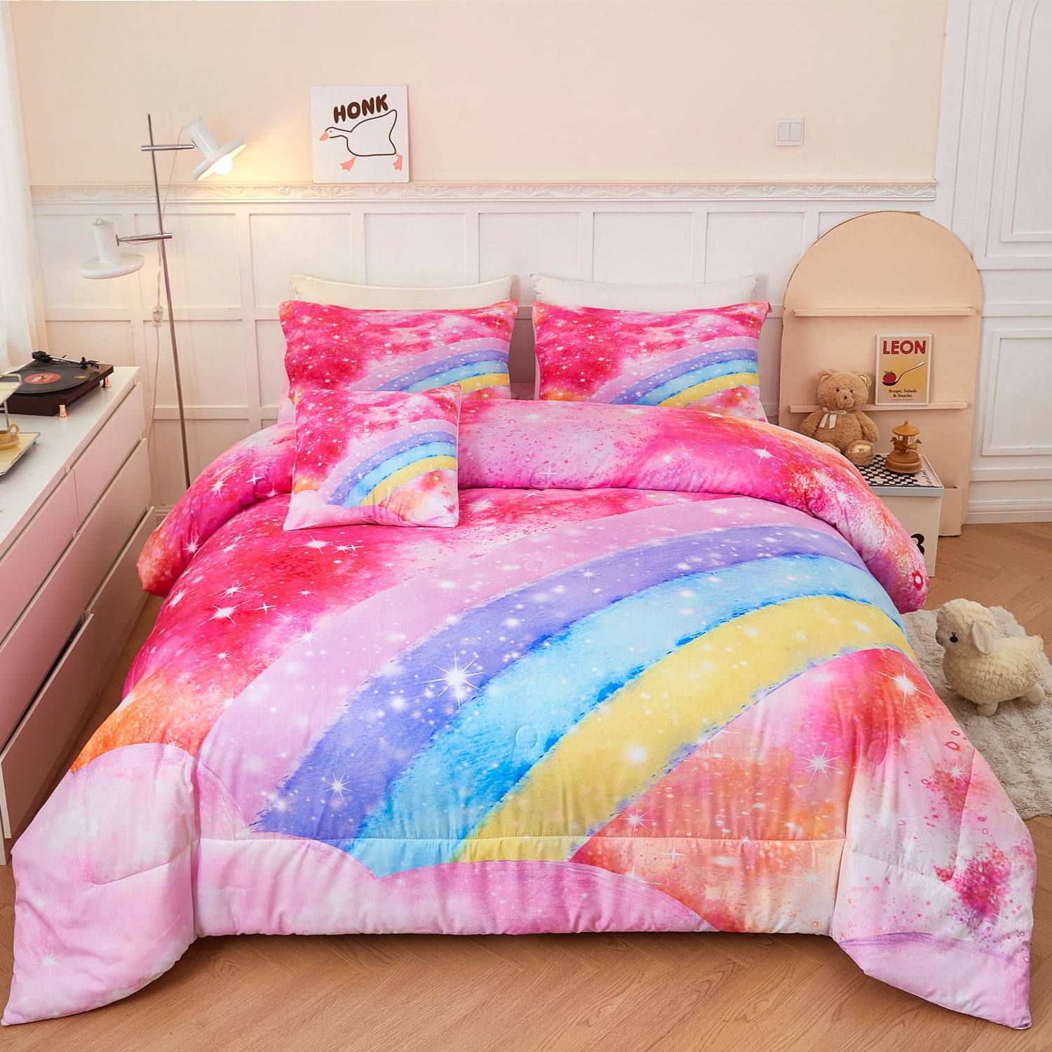 URBONUR 4 Pieces Rainbow Pink Twin Comforter Set for Girls/Kids/Teens ...
