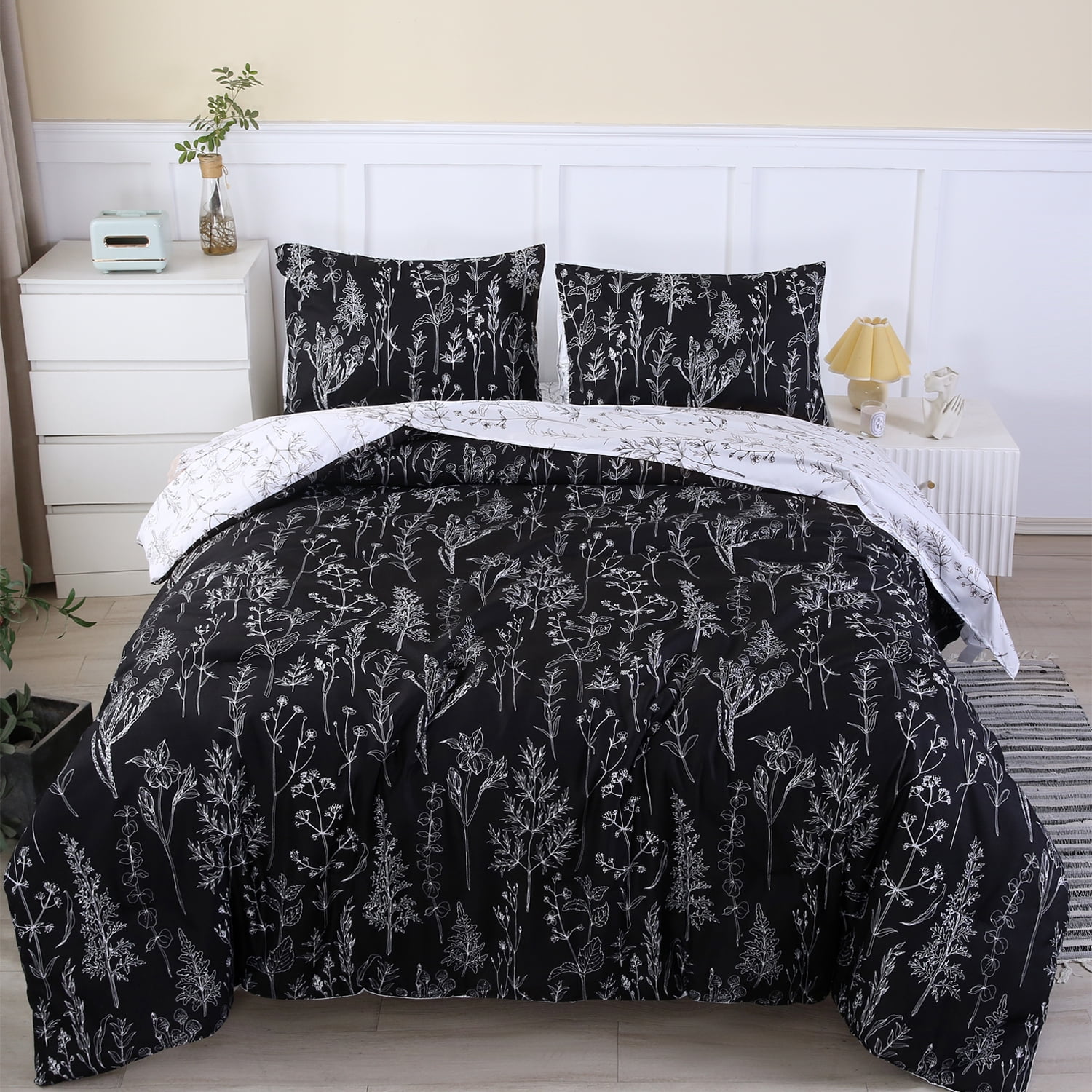 URBONUR 5 Piece Black Comforter Set Queen Printed Botanical Bed in A ... URBONUR 5 Piece Black Comforter Set Queen Printed Botanical Bed in A ...
