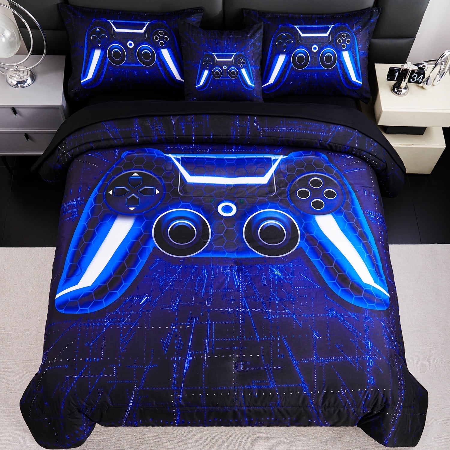 URBONUR 6 Piece Gamer Bed Set, Twin, Blue and Black, Lightning Console ...