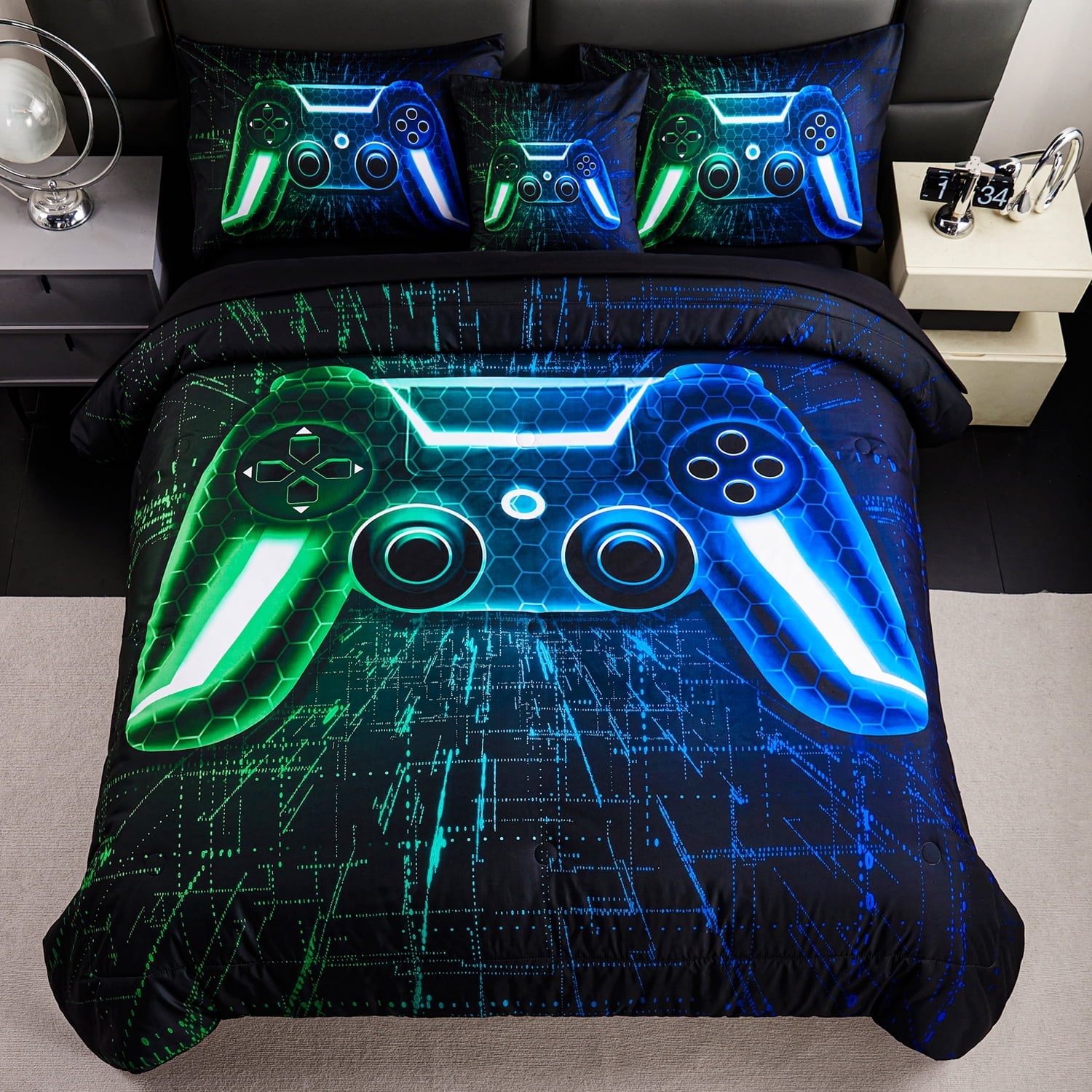URBONUR Gamer Bed Set, Lightning Console Comforter, Blue Green, Queen ...