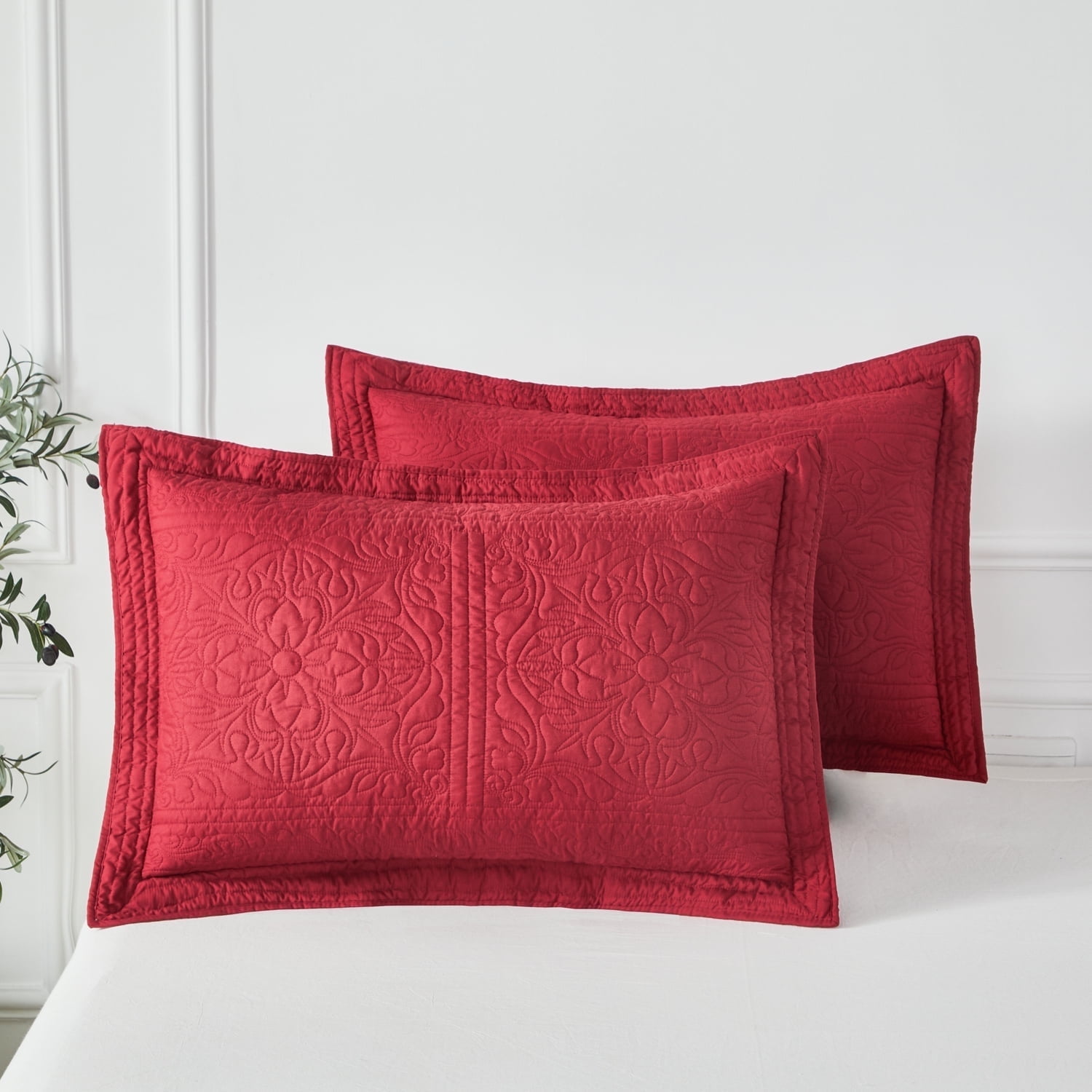 URBONUR Burgundy Embroidered Quilted Pillow Shams Set of 2 King Size ...