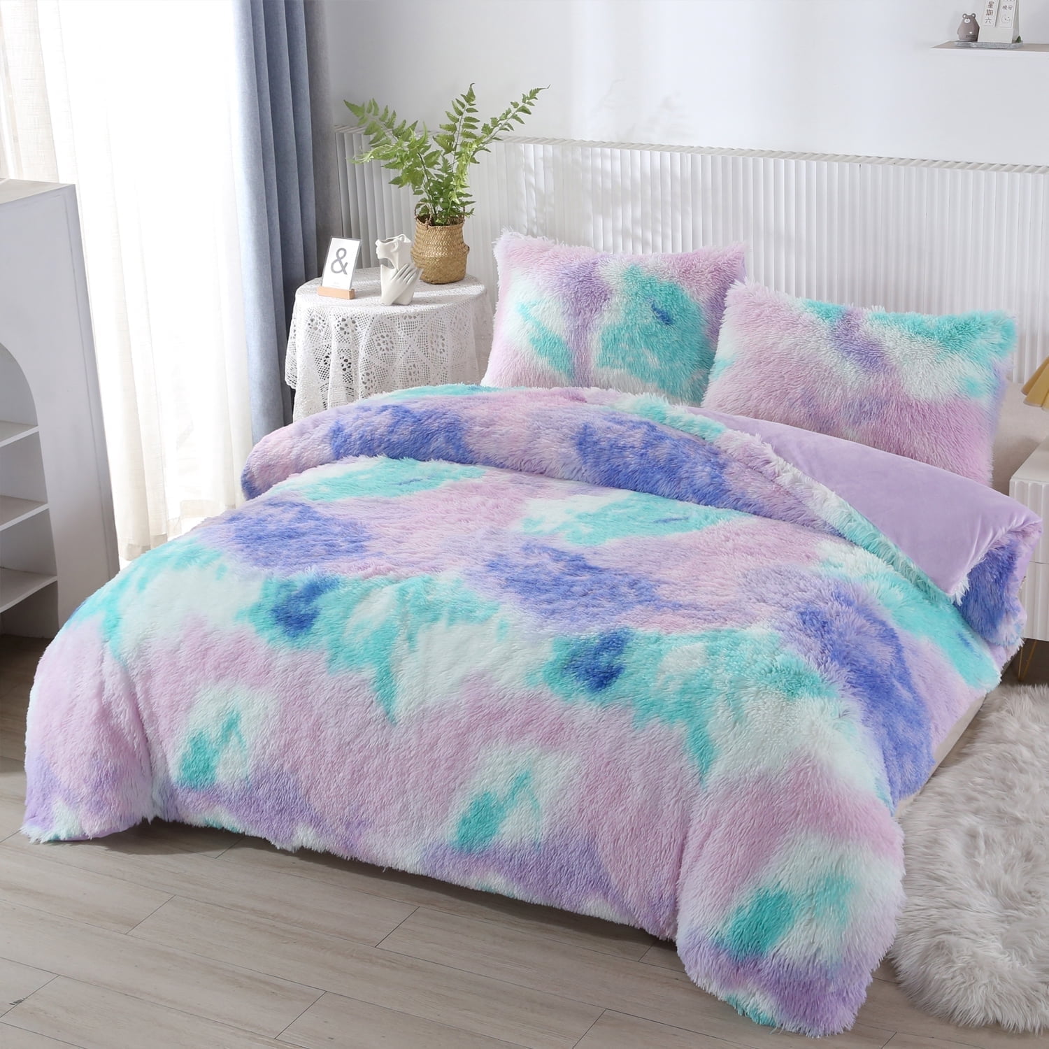 URBONUR Faux Fur Comforter Sets Queen Size Tie Dye Purple Plush Girls ...