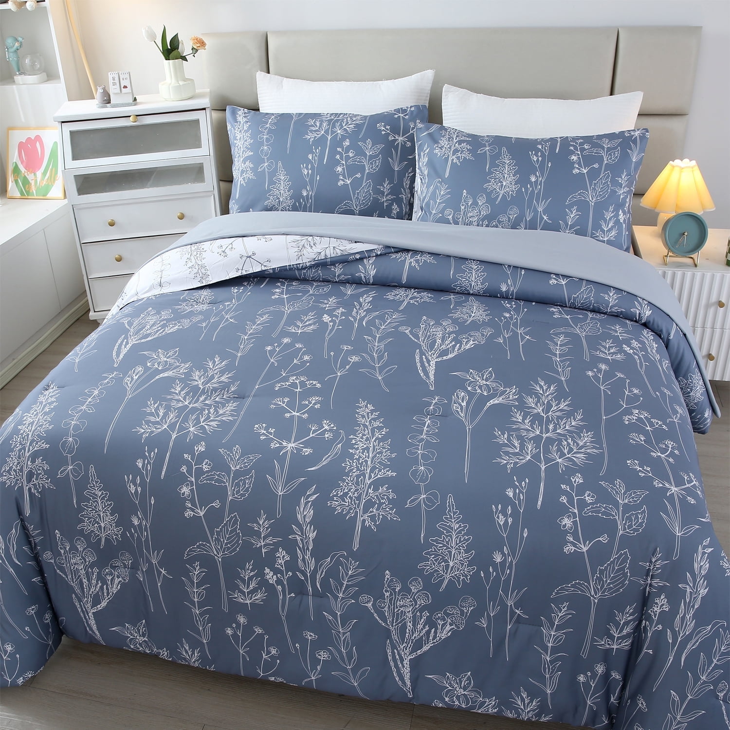 URBONUR King Size Floral Comforter Set, 5-Piece Bed in a Bag, Botanical ...