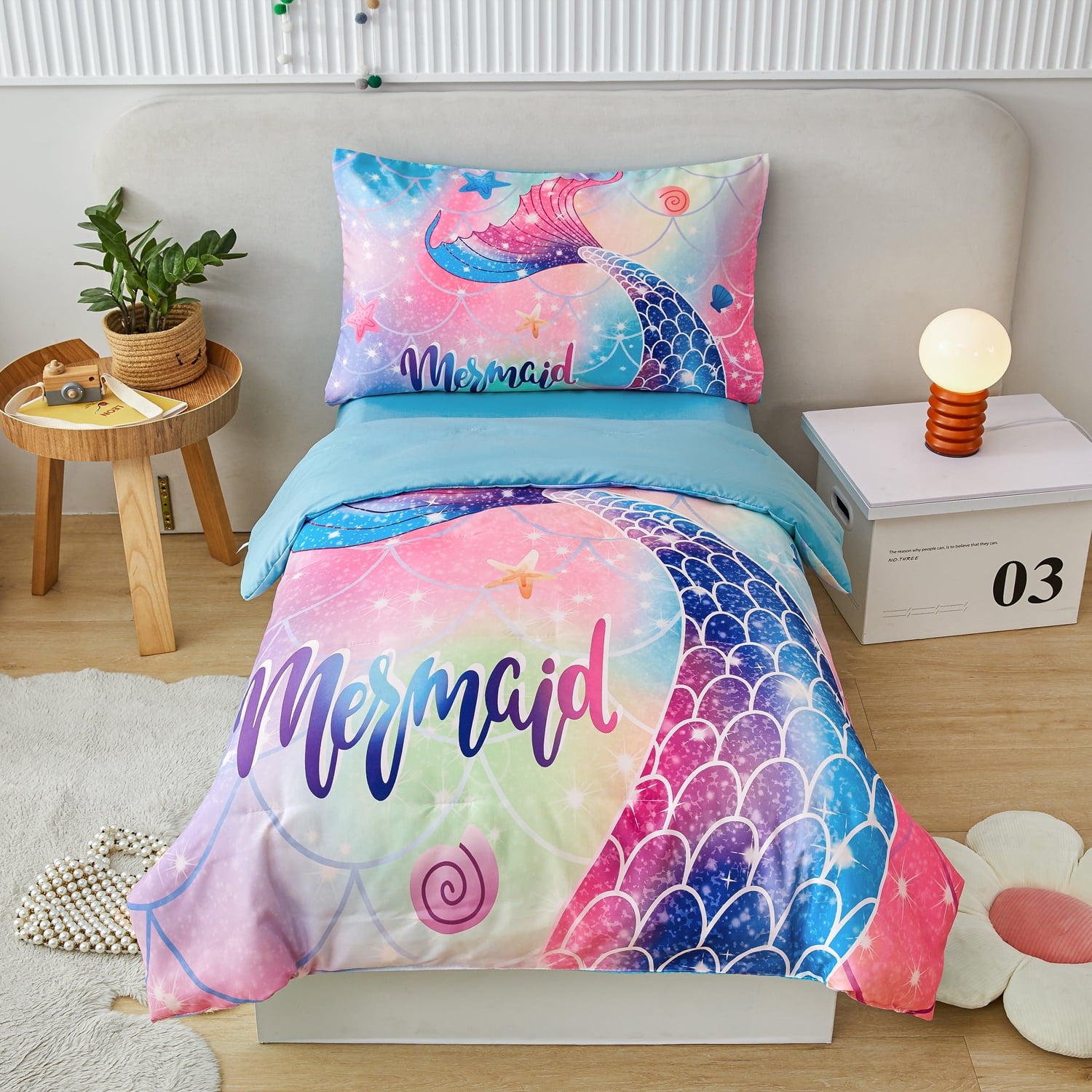 URBONUR Kids 4 Pcs Mermaid Tail Toddler Girl Comforter Set, Sparkle ...