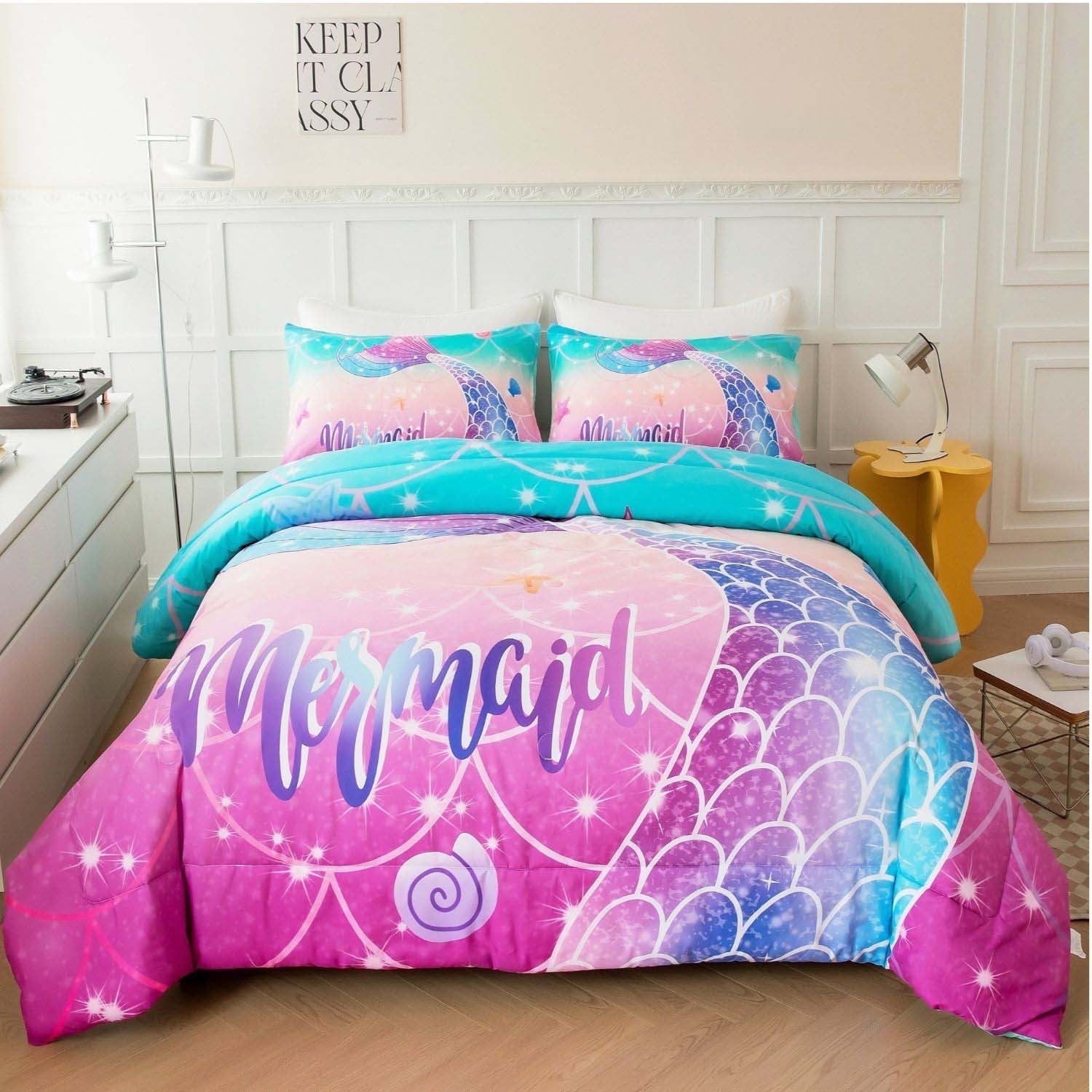 URBONUR Girls' Full Size 3D Sparkle Mermaid Comforter Set, 3 Pcs in ...