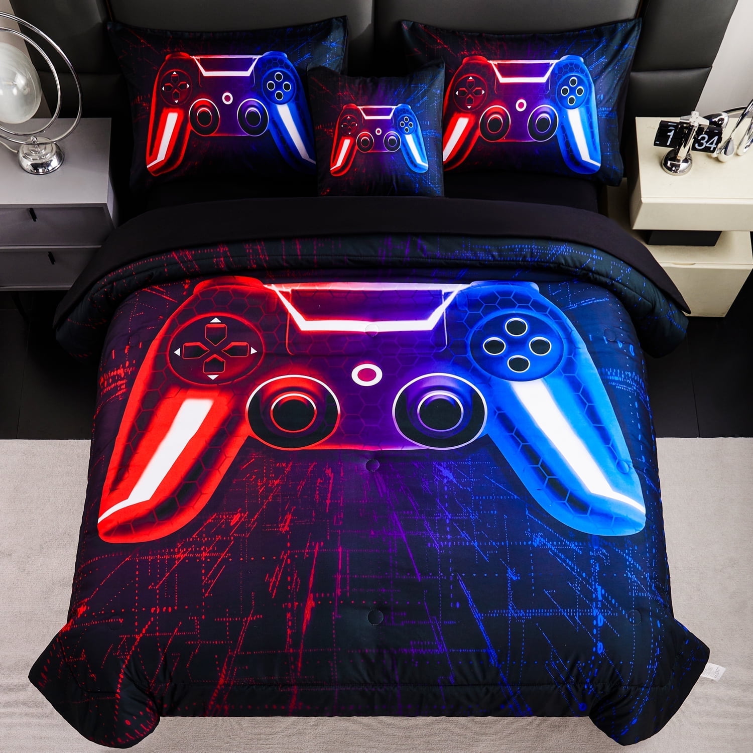 URBONUR Red Blue Boys Comforter Set Full Size Game Video Bedding Set Lightning Gamepad Black ...