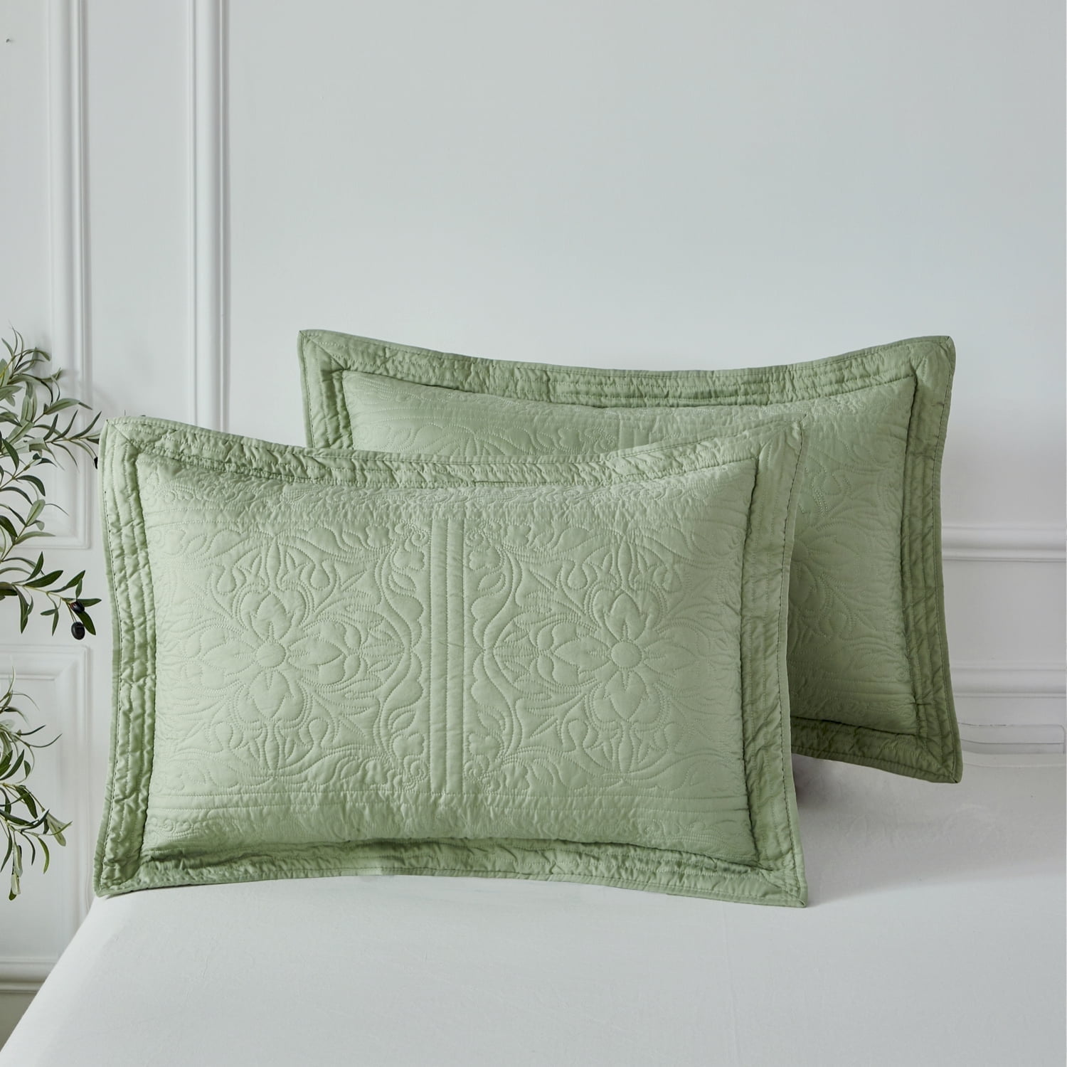 URBONUR Sage Green Quilted Pillow Shams Set of 2 Standard Size, Soft ...