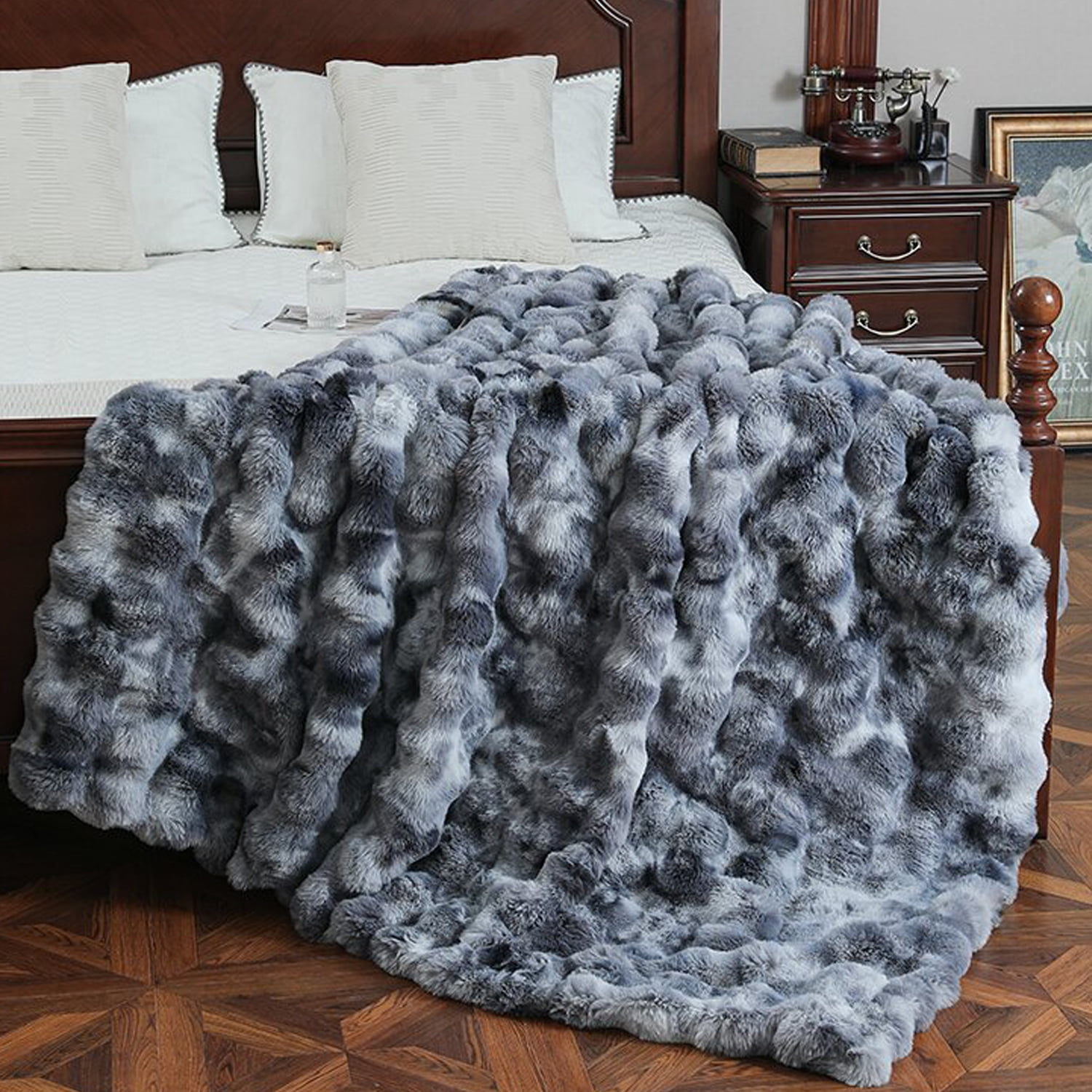 URBONUR Tie Dye Grey Bubble Throw Blanket Faux Rabbit Fur Throws Cozy ...