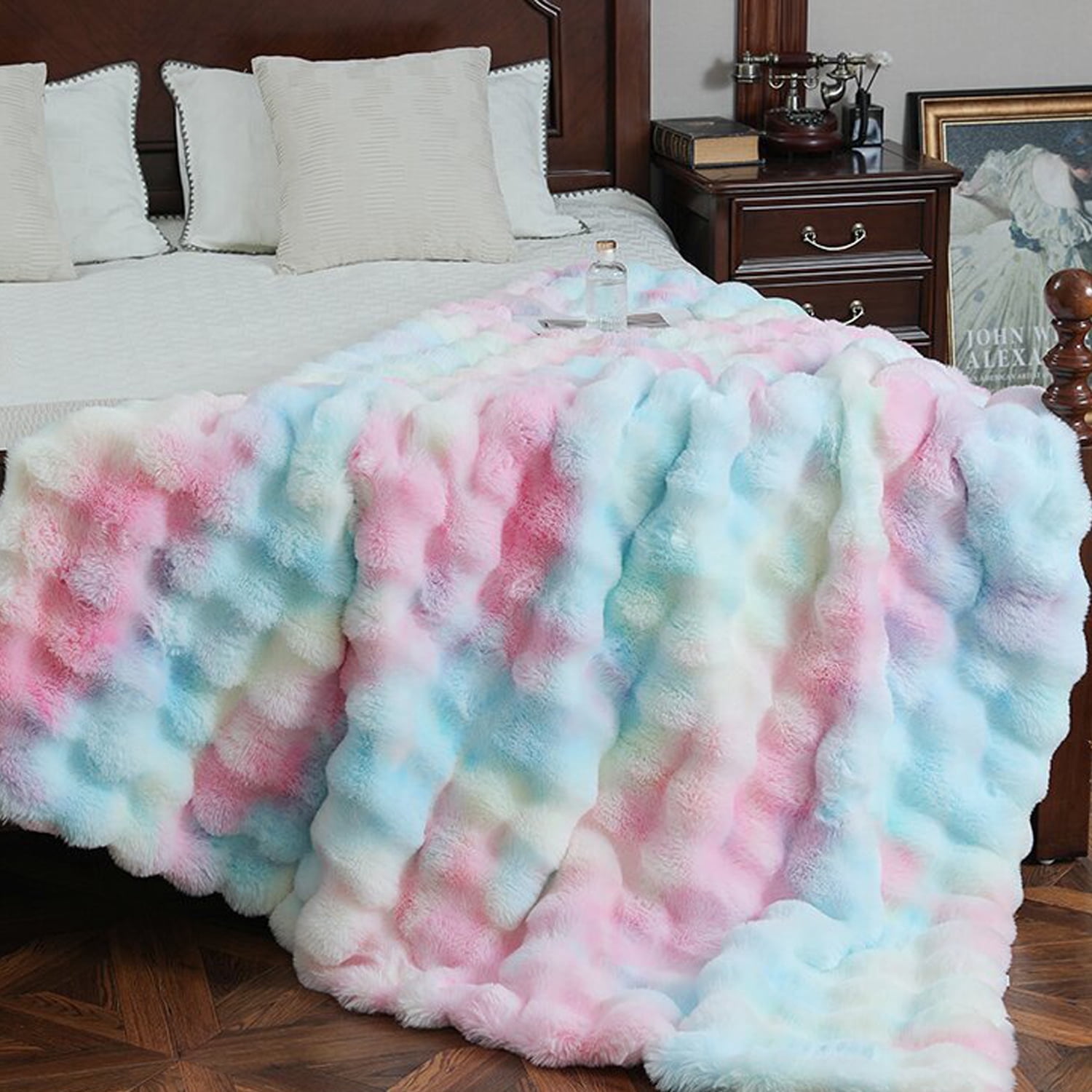 URBONUR Tie Dye Pink Faux Rabbit Fur Throw Blanket for Couch Chair Soft ...
