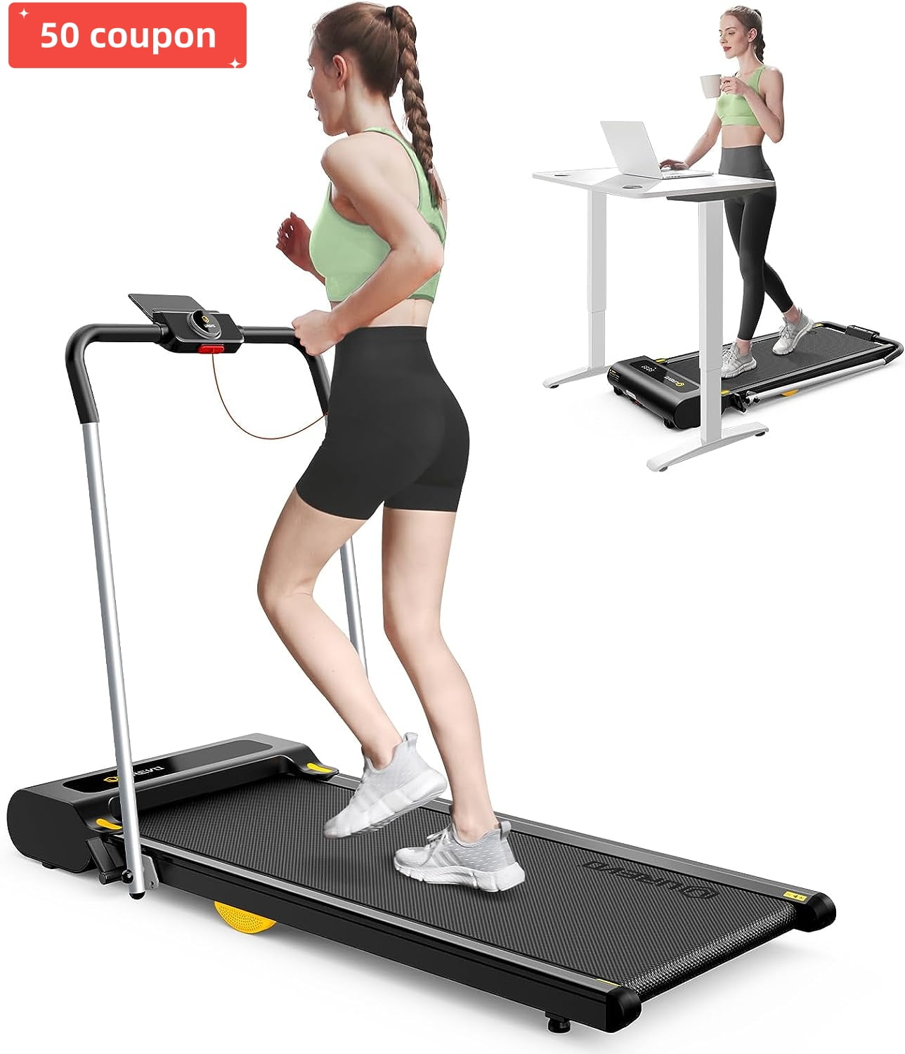 UREVO 2 in 1 Under Desks Treadmill, 5HIIT Modes Folding Treadmill with ...