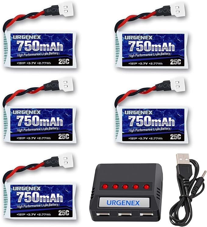 URGENEX 3.7V Lipo Battery 750mAh 25C Rechargeable 5 Pack Lipo Batteries with Molex Plug 5 in 1 ...