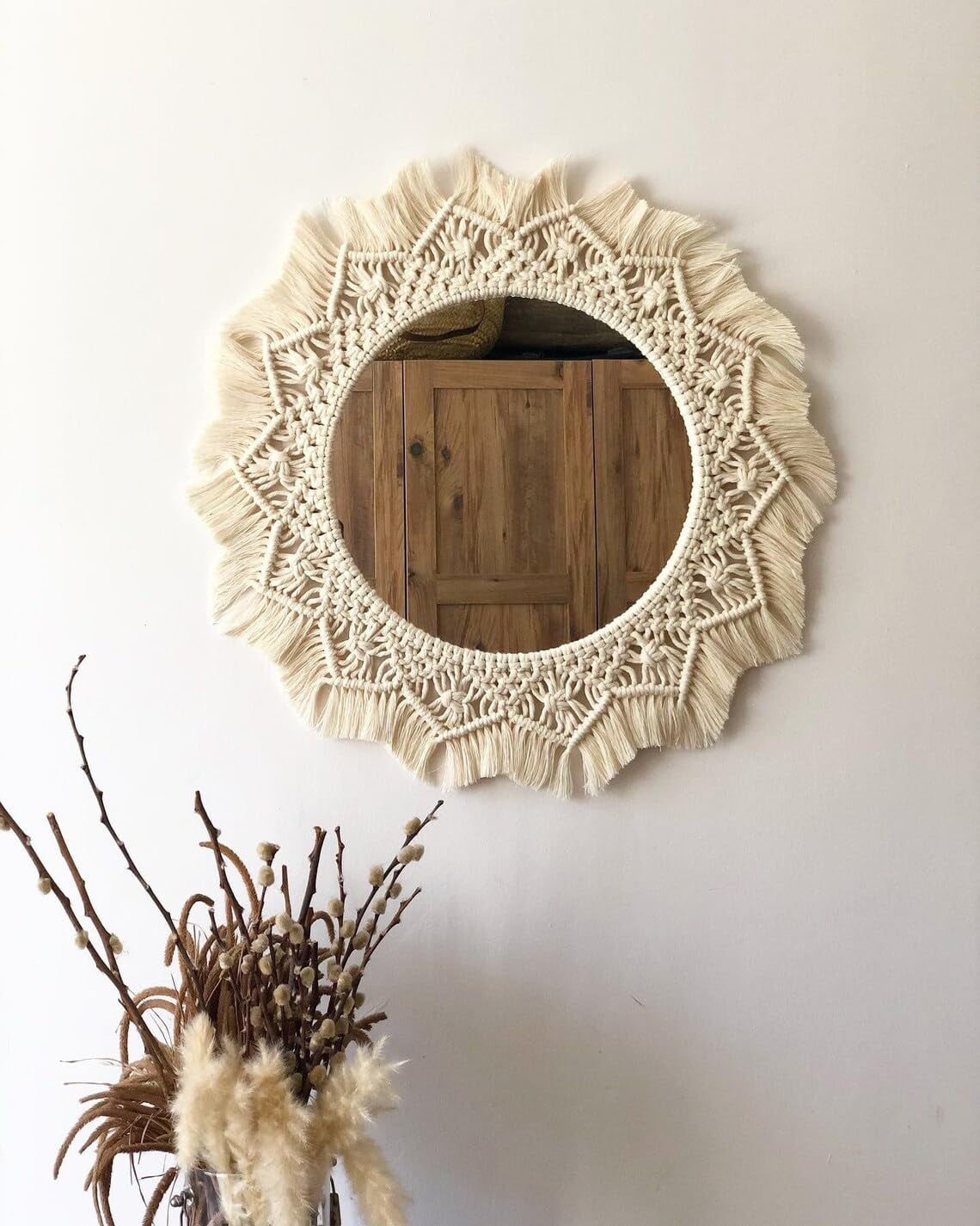 URHAN Macrame Hanging Wall Mirror with Macrame Round Mirror Art Boho ...