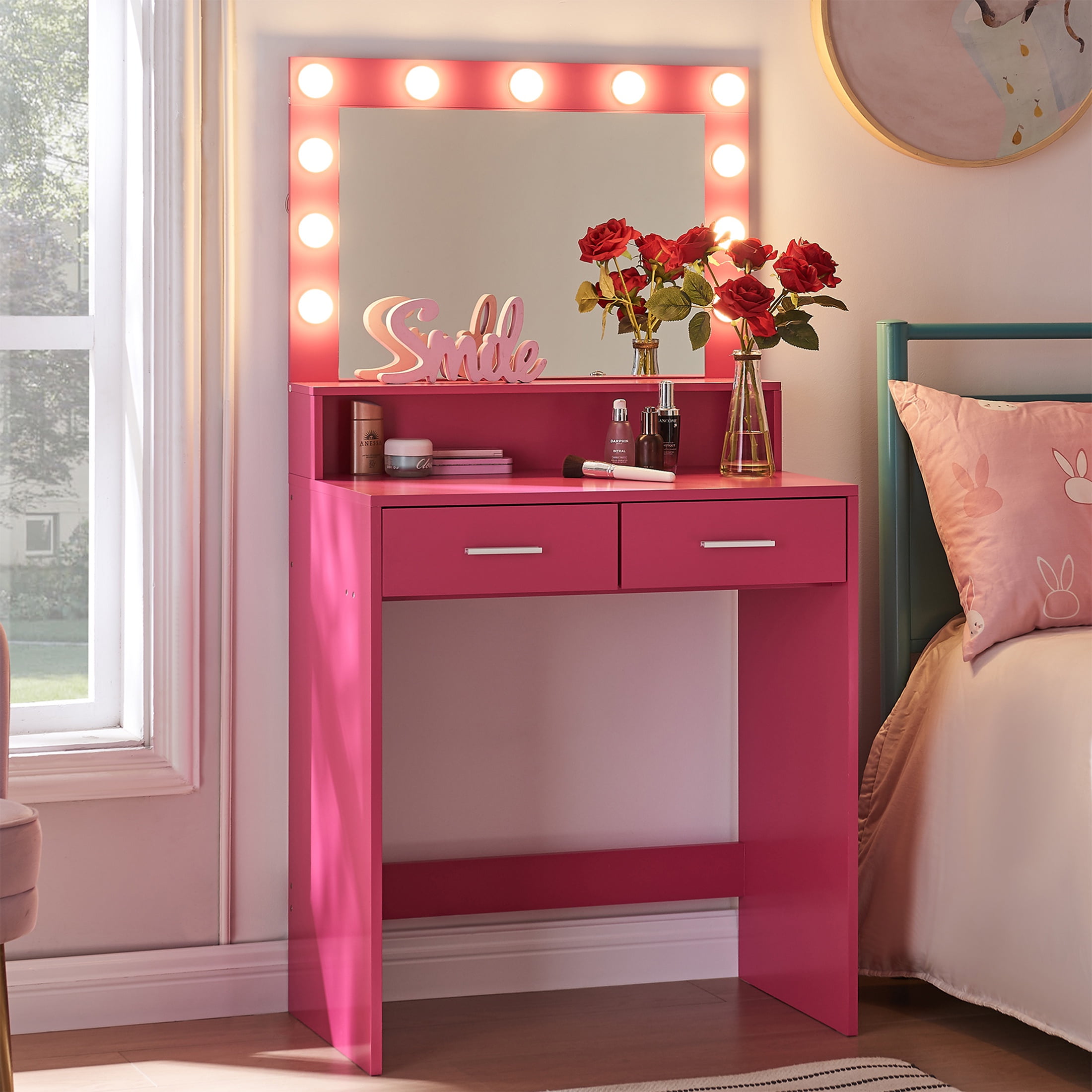 URHOMEPRO Girls Vanity Set, Tri-Folding Mirror, 5 Drawers, Detachable ...