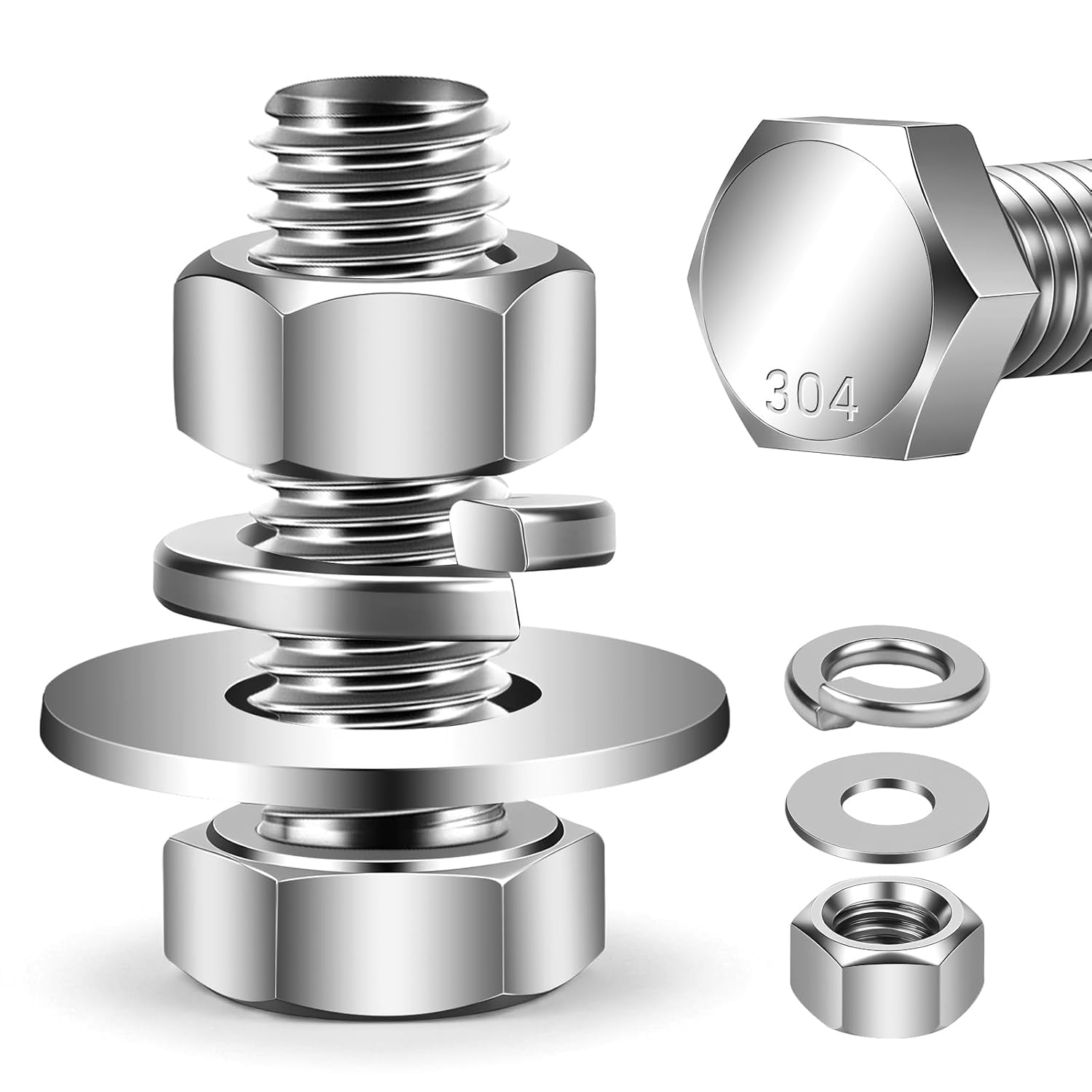 URIJDAS-3/8-16 x 2 Hex Head Bolts with Hex Nuts and Thick Flat & Lock ...