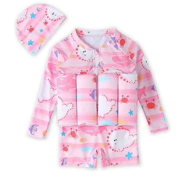 URMAGIC 2-6Y Girl Boy Cute Shark One Piece Flotation Swimsuit Swim Cap Long Sleeve Buoyancy ...