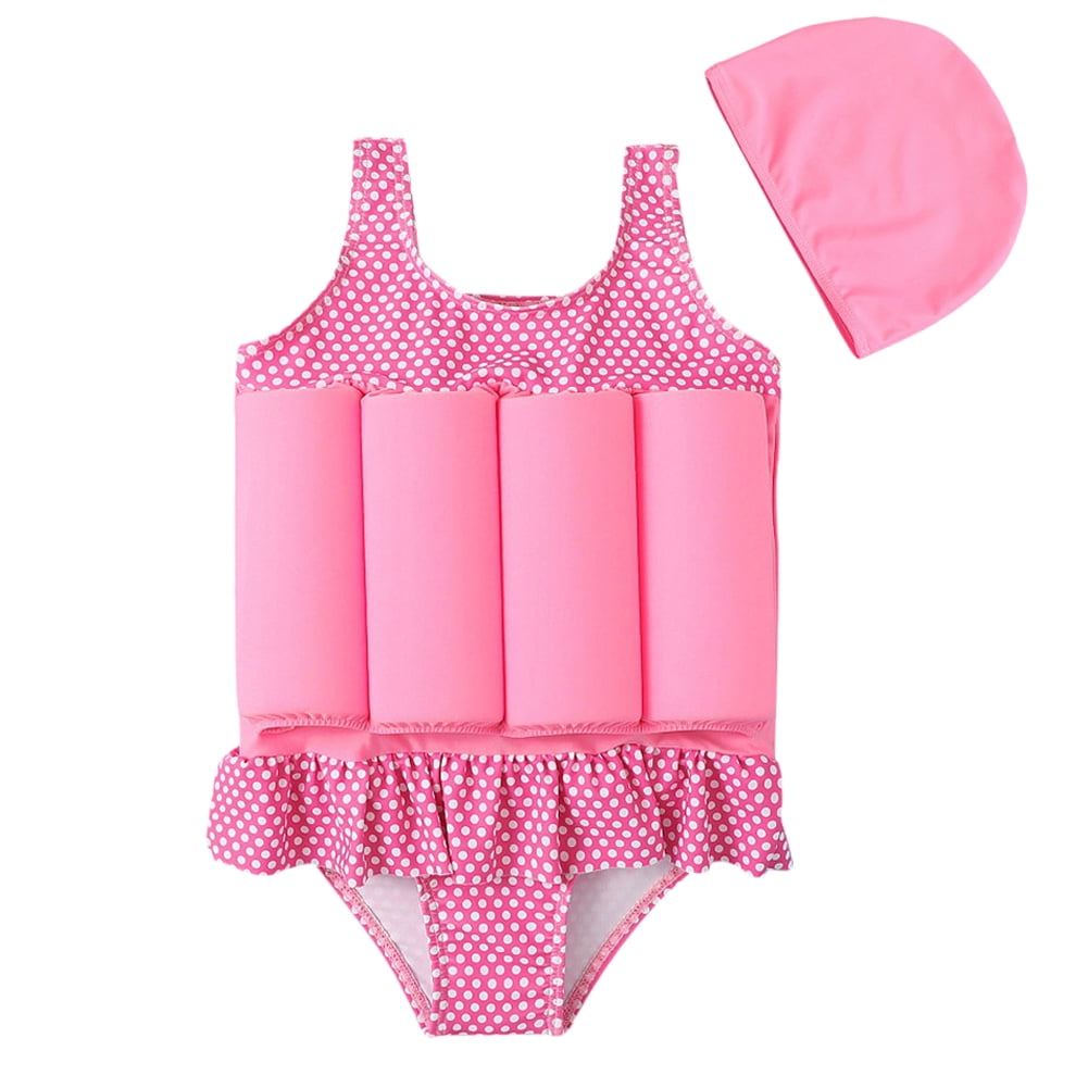 URMAGIC 2-6Y Kid Girl Cute One Piece Float Swimsuit Cap Suit Ruffle Bikini Buoyancy Swimwear ...